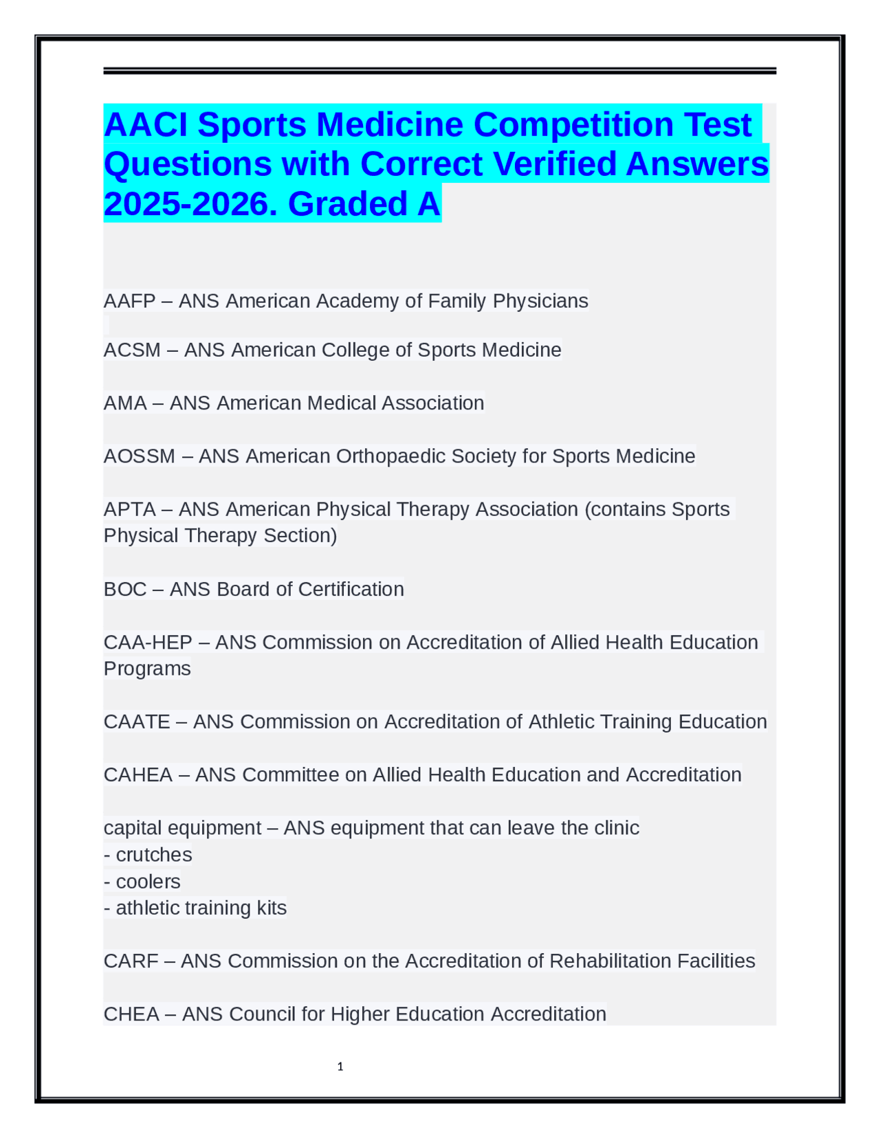 AACI Sports Medicine Competition Test Questions with Correct Verified ...