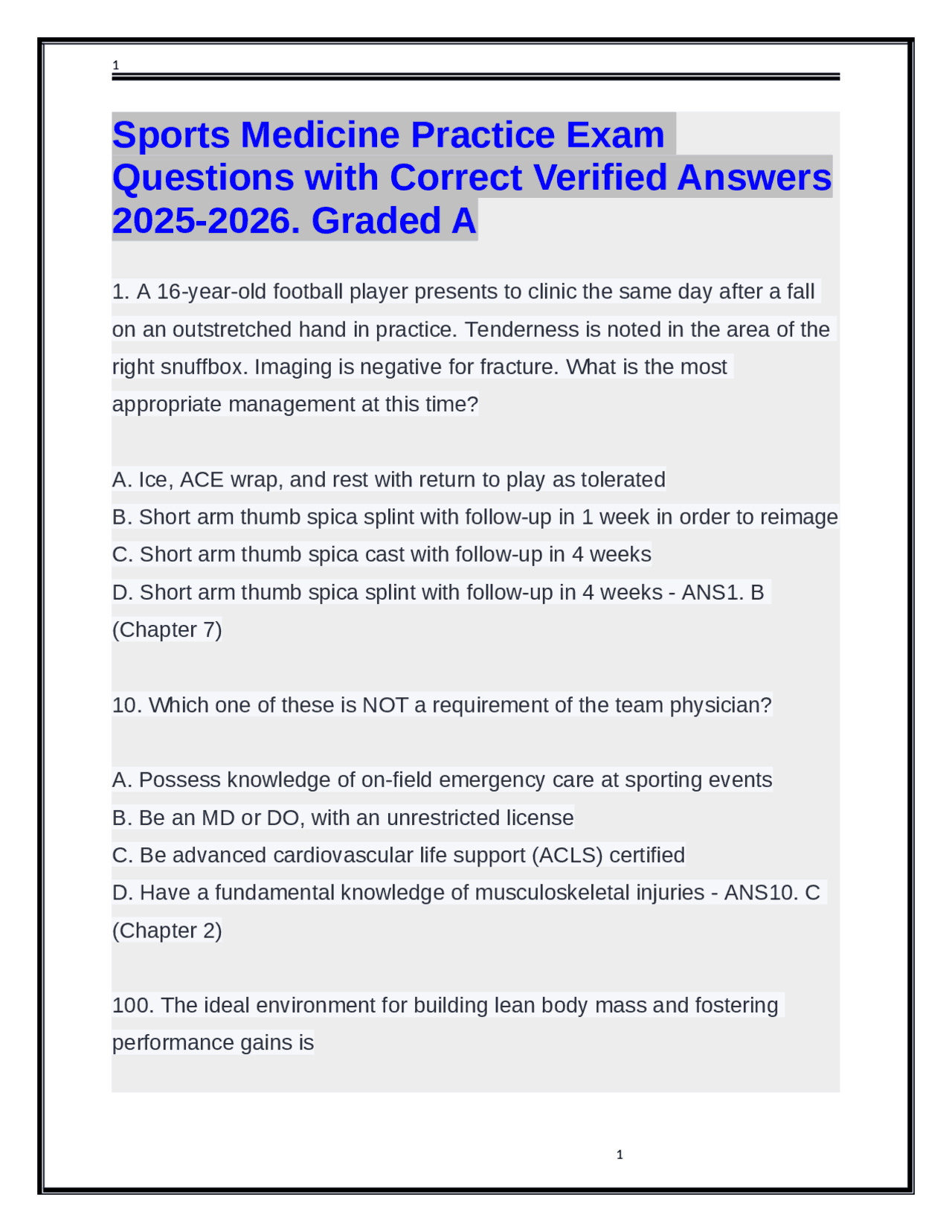 Sports Medicine Practice Exam Questions with Correct Verified Answers ...