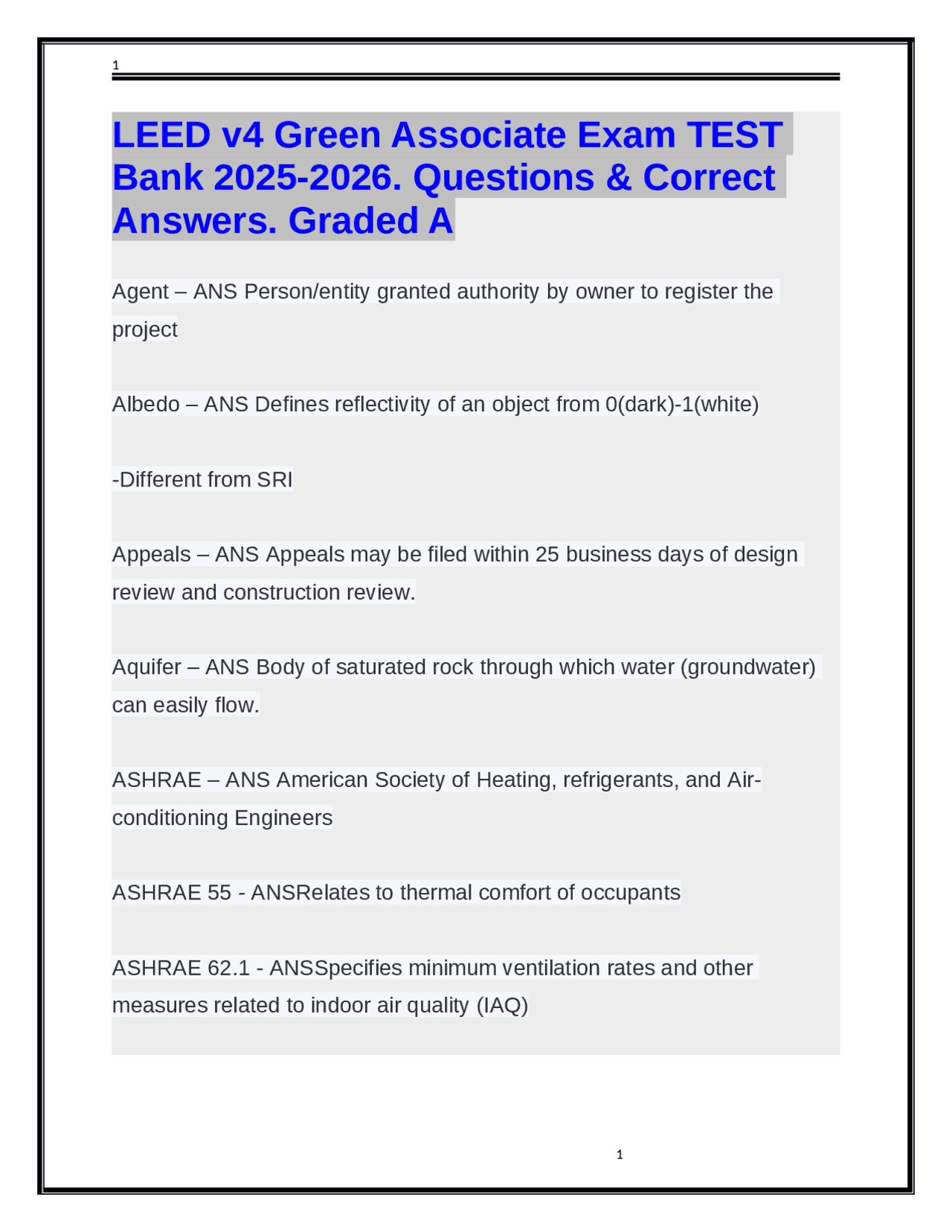 LEED v4 Green Associate Exam TEST Bank 2025-2026. Questions & Correct ...