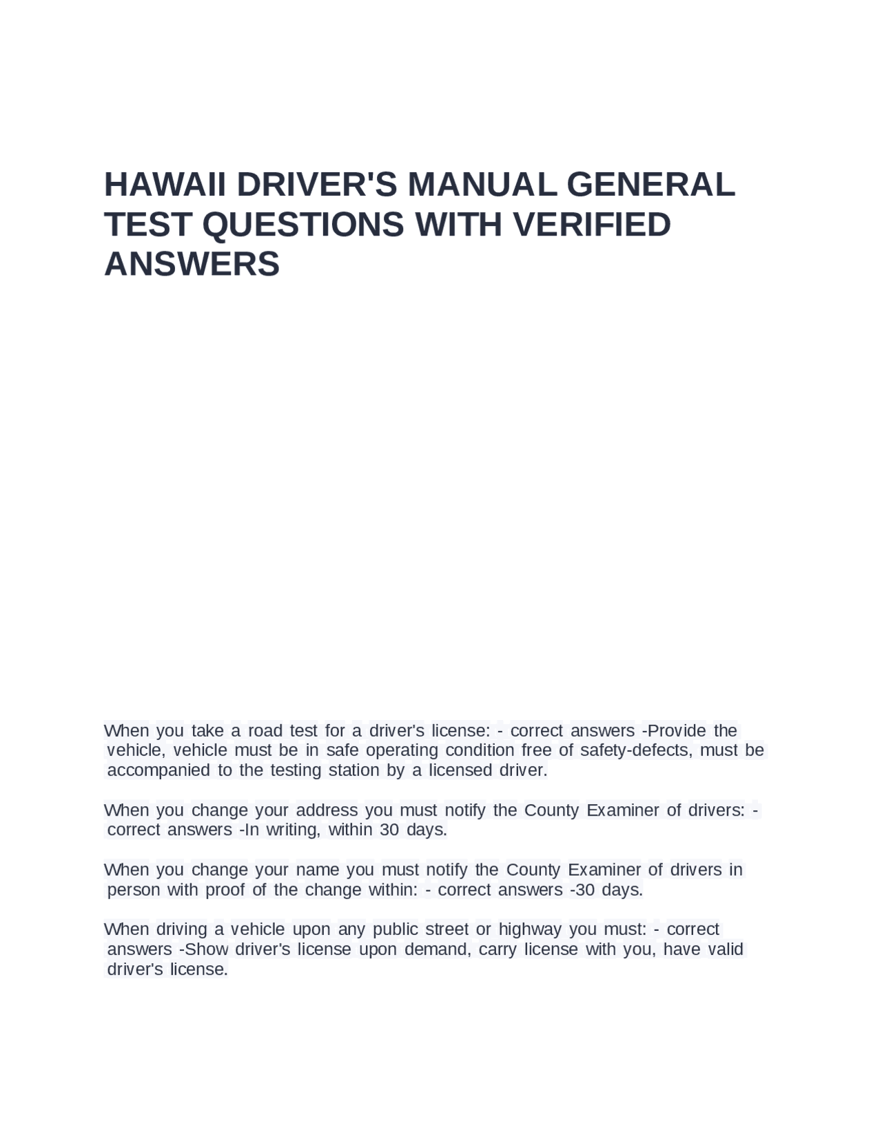 Hawaii Driver's Manual General Test Questions with verified answers ...