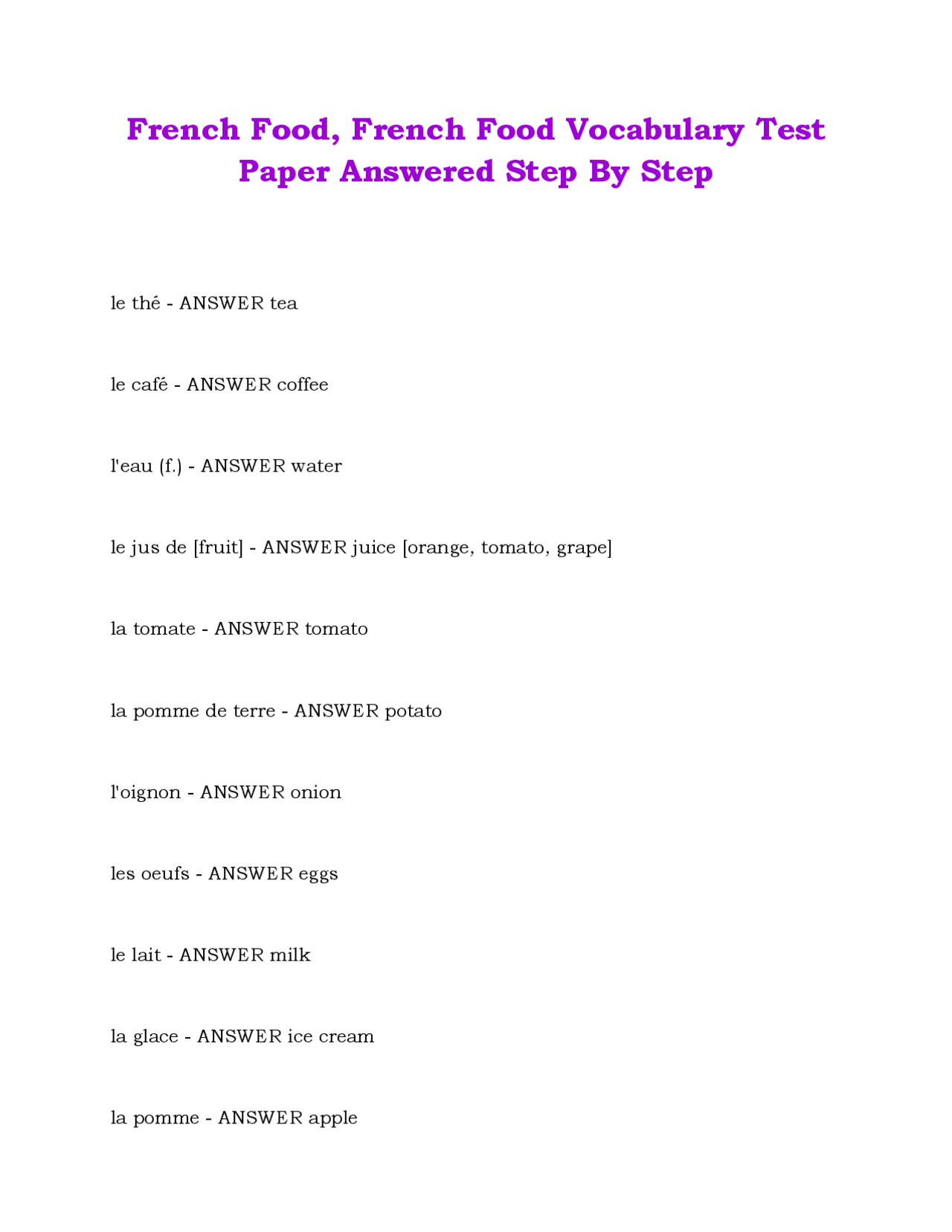 French Food, French Food Vocabulary Test Paper Answered Step By Step ...
