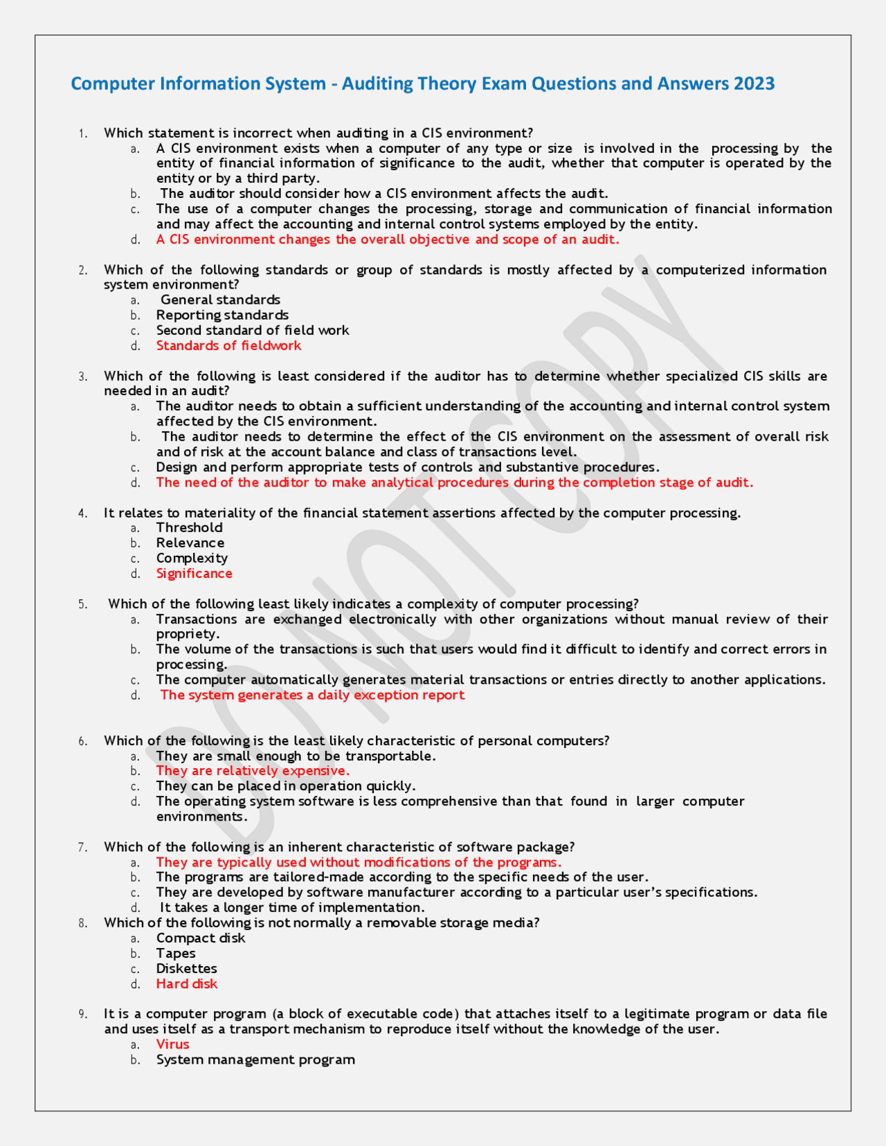 Computer Information System—Auditing Theory Exam Questions and Answers ...