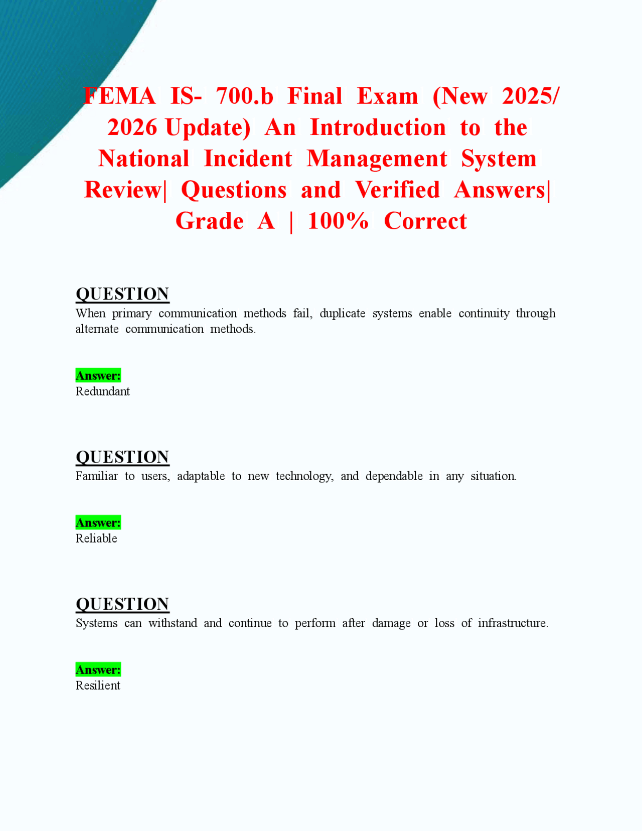 FEMA IS- 700.b Final Exams (NEW 2025/ 2026 Update) 100% Correct ...