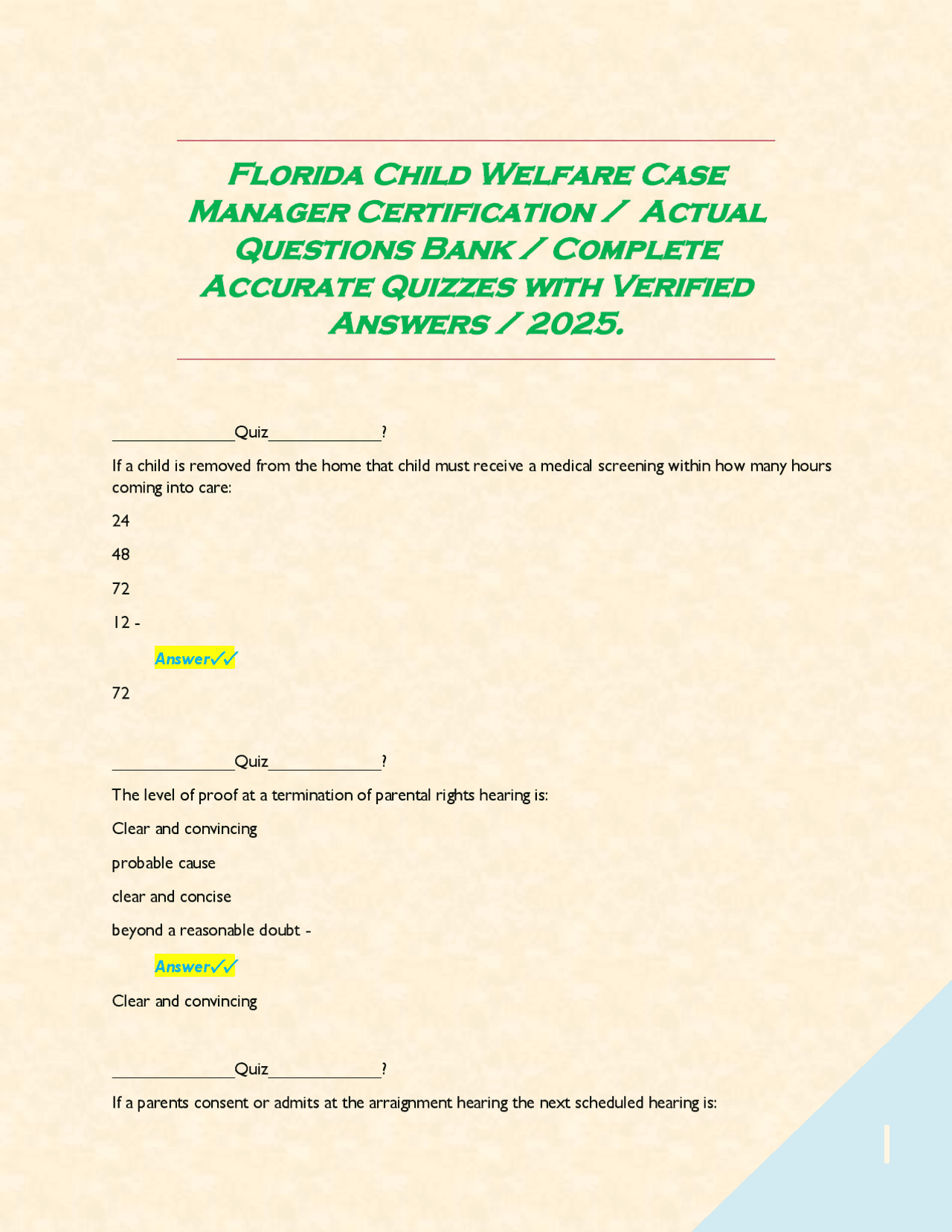 Florida Child Welfare Case Manager Certification / Actual Questions ...