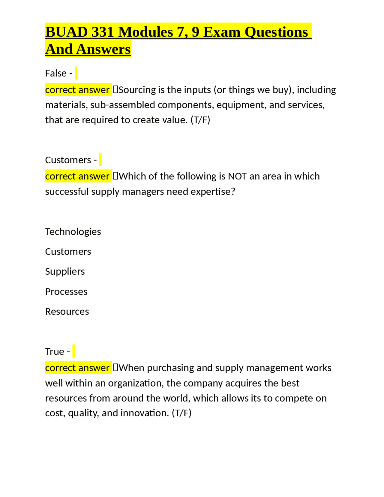 BUAD 331 Modules 7, 9 Exam Questions And Answers | Exams Supply ...