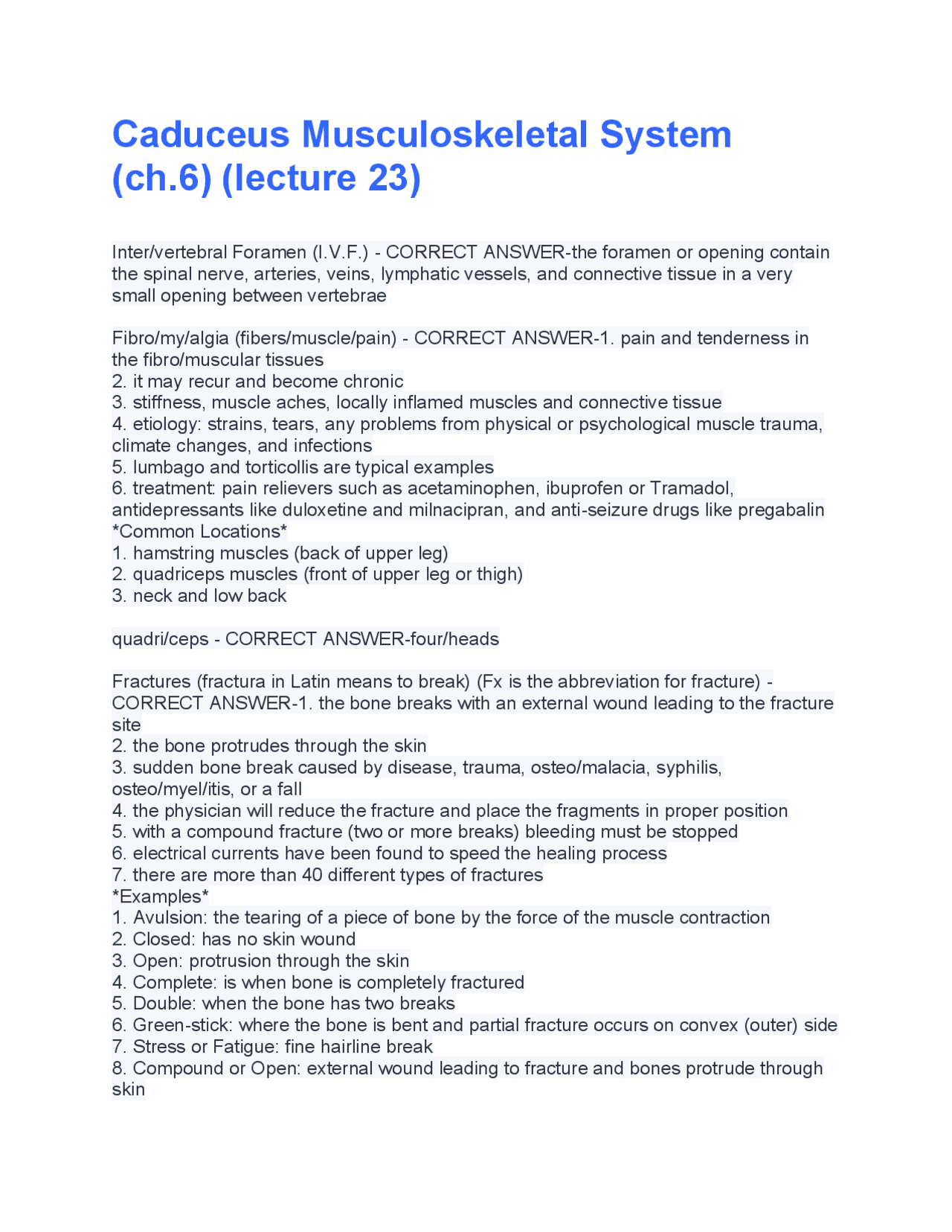Caduceus Musculoskeletal System (ch.6) (lecture 23) Questions & Answers Correctly Answered ...