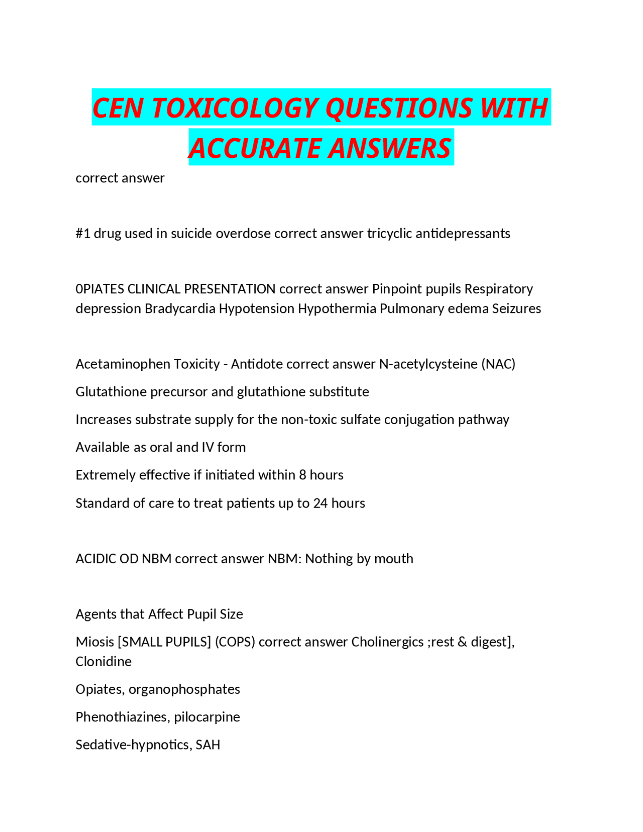 CEN TOXICOLOGY QUESTIONS WITH ACCURATE ANSWERS | Exams Nursing | Docsity