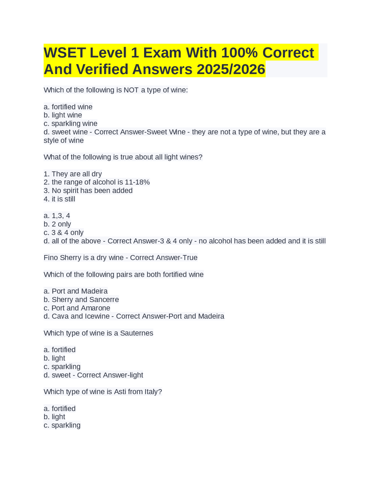 WSET Level 1 Exam With 100% Correct And Verified Answers 2025/2026 ...