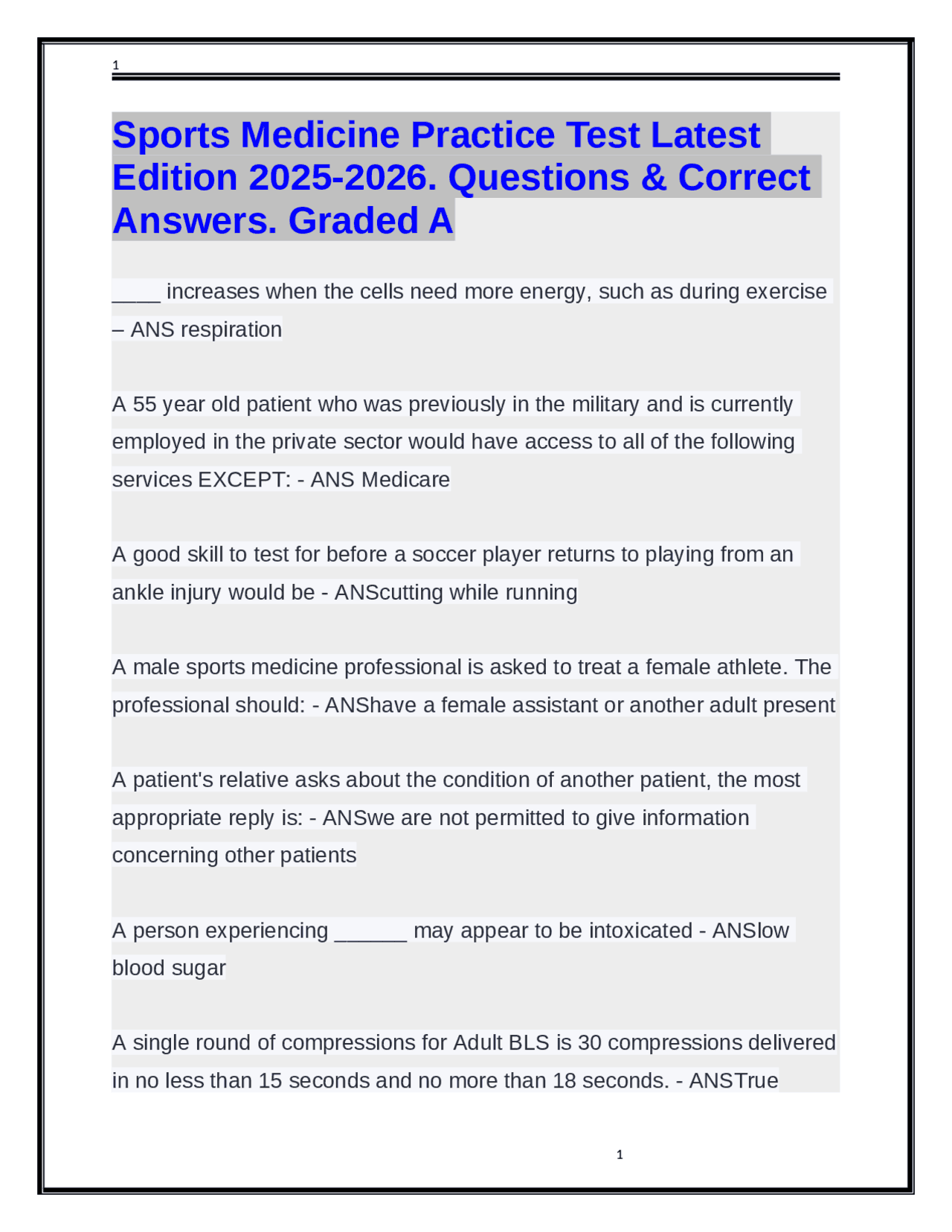 Sports Medicine Practice Test Latest Edition 2025-2026.Questions ...