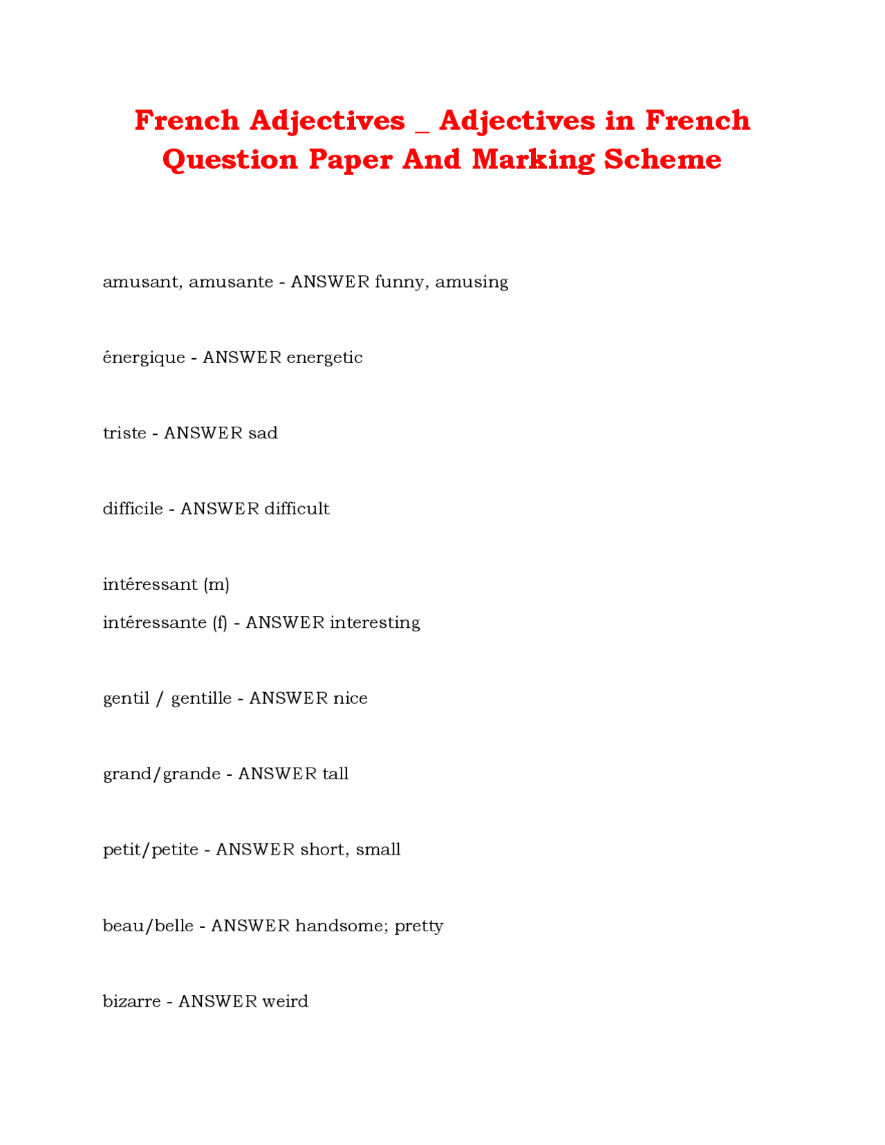 French Adjectives _ Adjectives in French Question Paper And Marking ...
