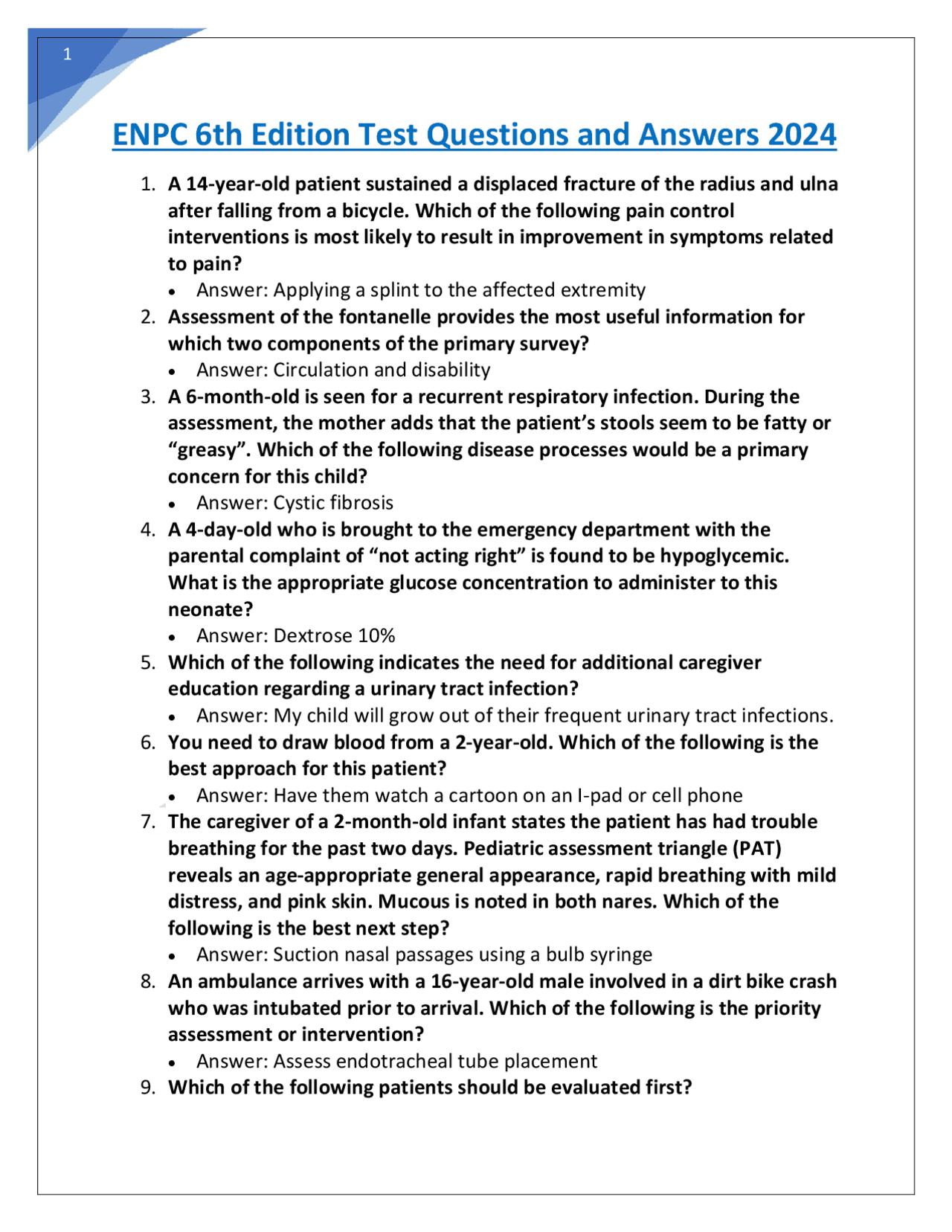 ENPC 6th Edition: Pediatric Emergency Care Exam Q&A | Exams Nursing ...