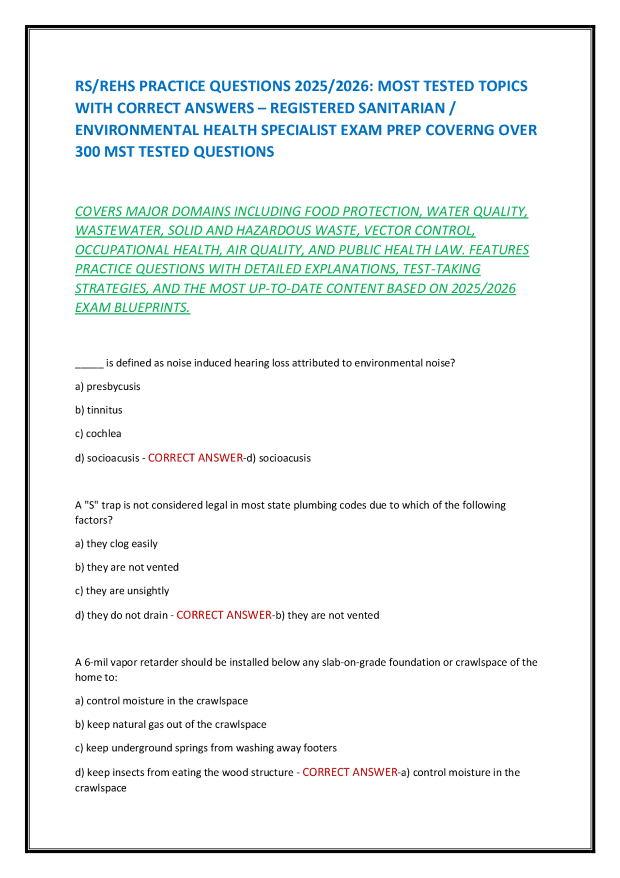 RS/REHS Exam Prep: Practice Questions for Registered Sanitarians 2025/ ...