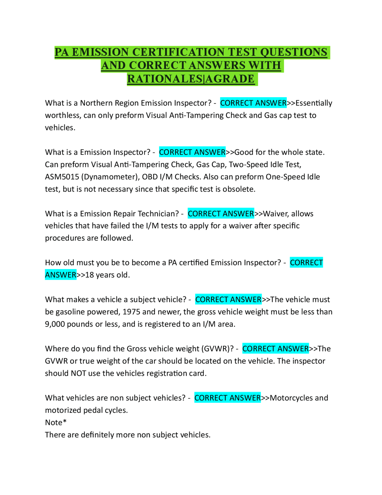 PA Emission Certification: Test Questions and Answers | Exams Advanced ...