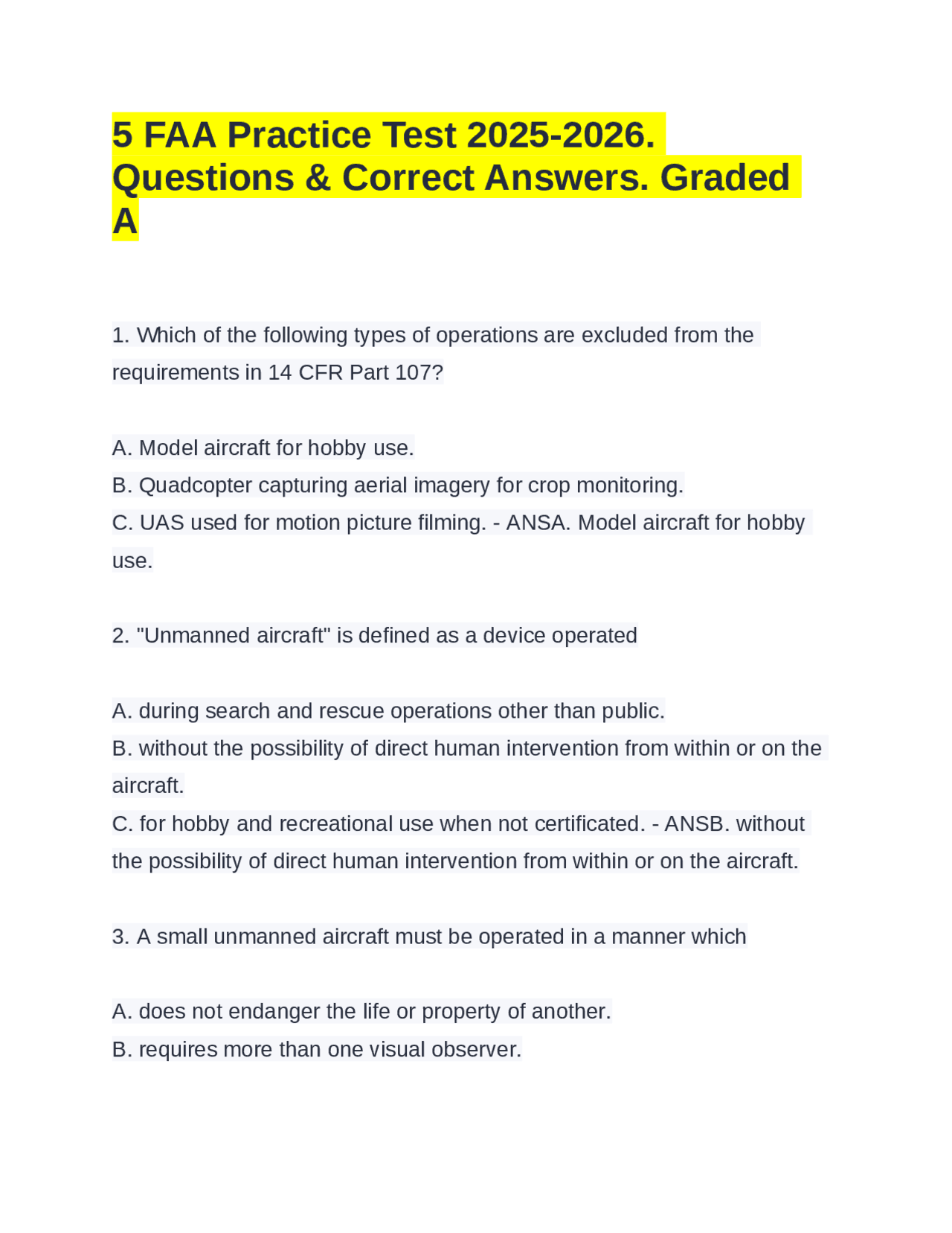 5 FAA Practice Test 2025-2026. Questions & Correct Answers. Graded A ...