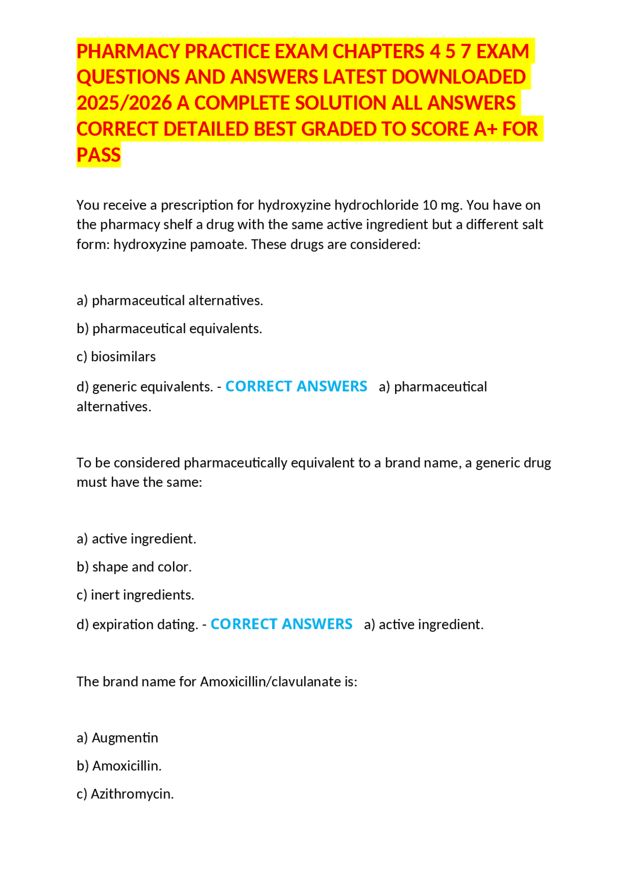 PHARMACY PRACTICE EXAM CHAPTERS 4 5 7 EXAM QUESTIONS AND ANSWERS LATEST ...