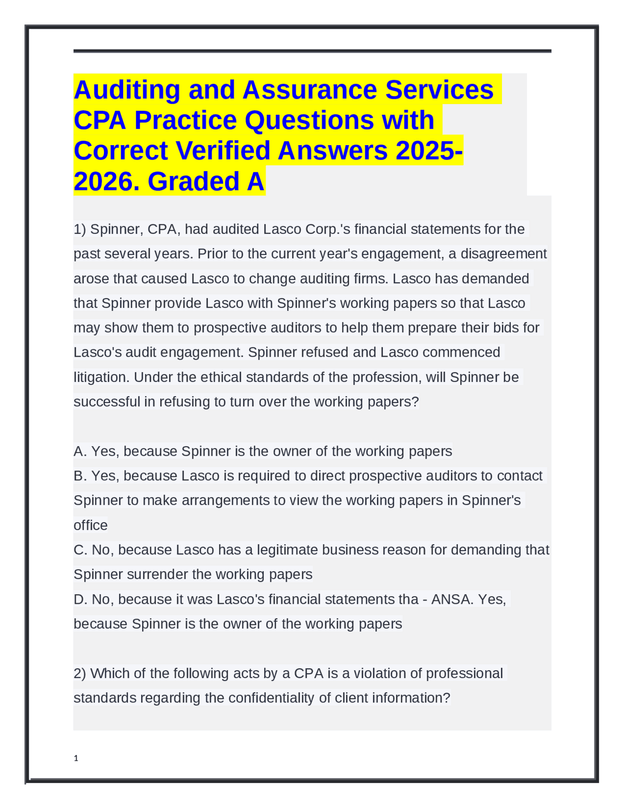 Auditing & Assurance Services CPA Practice Questions & Correct Verified ...