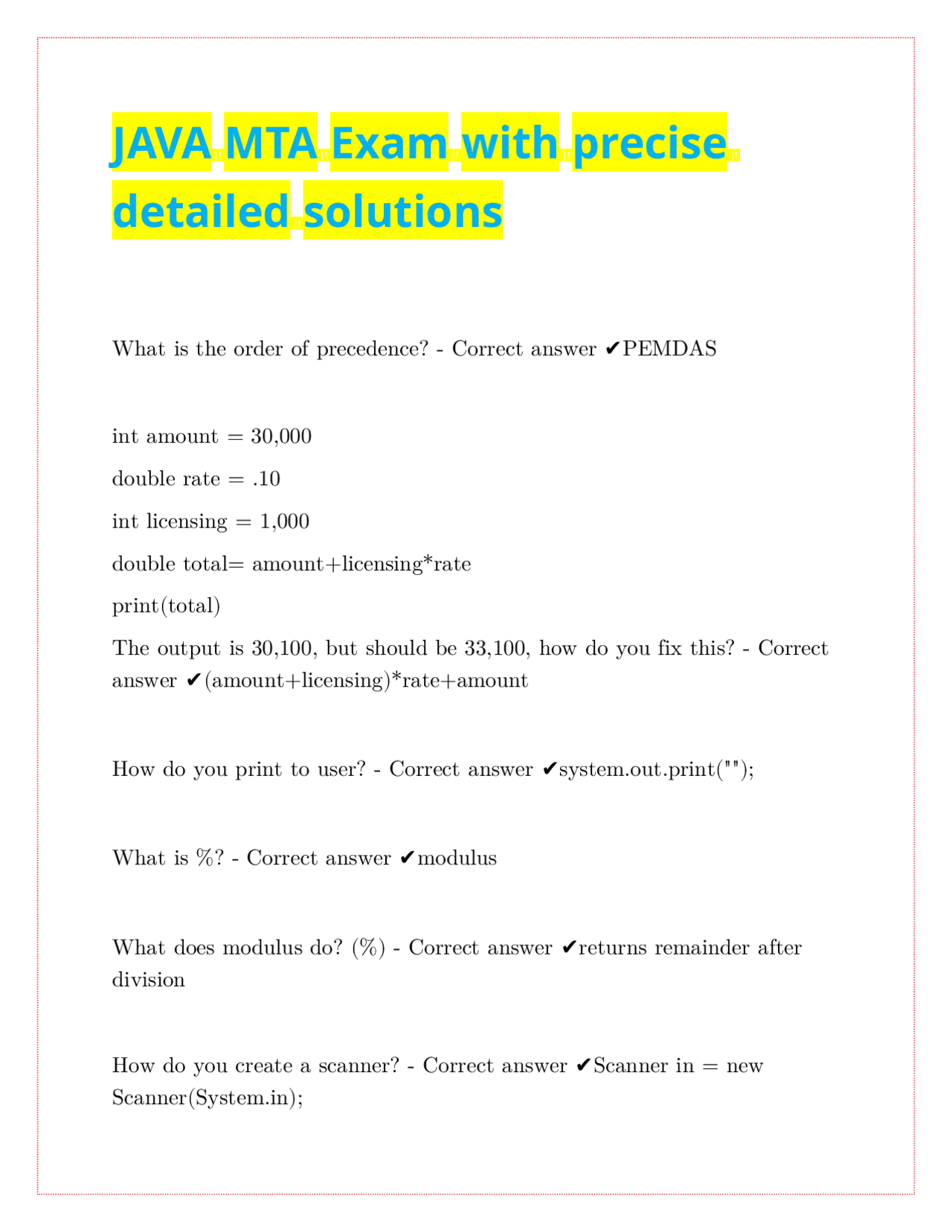 JAVA MTA Exam with precise detailed solutions | Exams Computer Science | Docsity