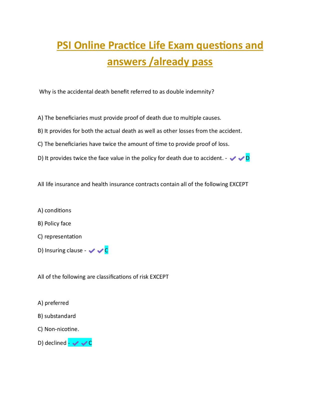 PSI Online Practice Life Exam questions and answers /already pass ...