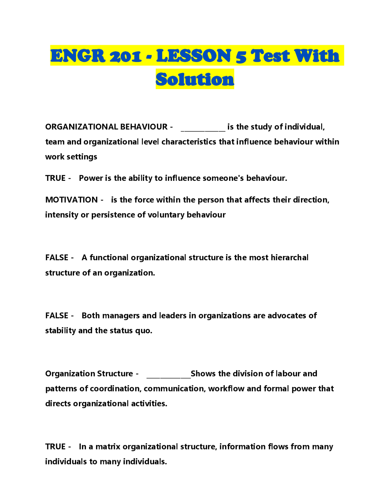 ENGR 201 - LESSON 5 Test With Solution | Exams Advanced Education | Docsity