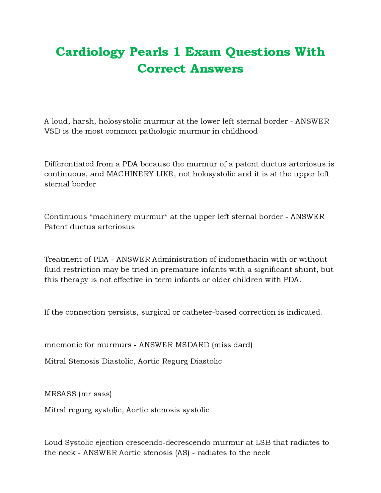 Cardiology Pearls 1 Exam Questions With Correct Answers | Exams ...