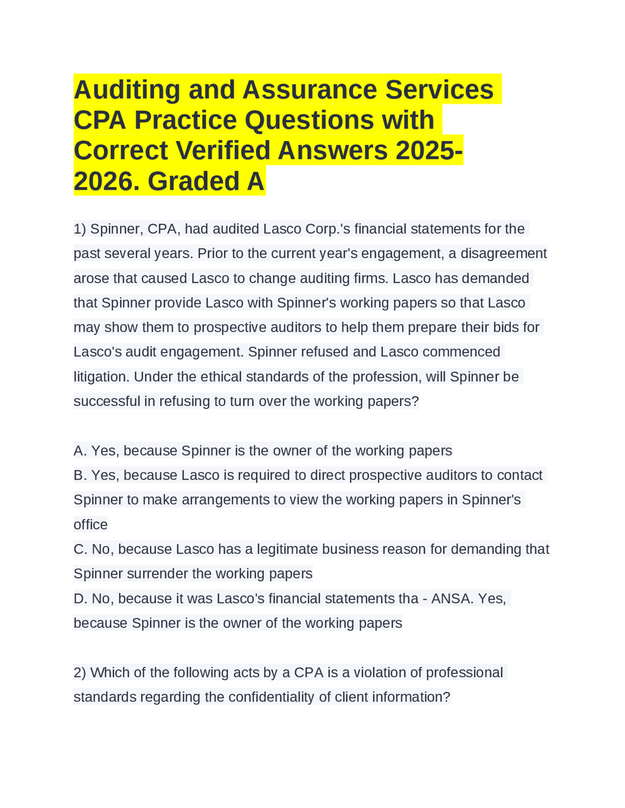 Auditing & Assurance Services CPA Practice Questions & Correct Verified ...