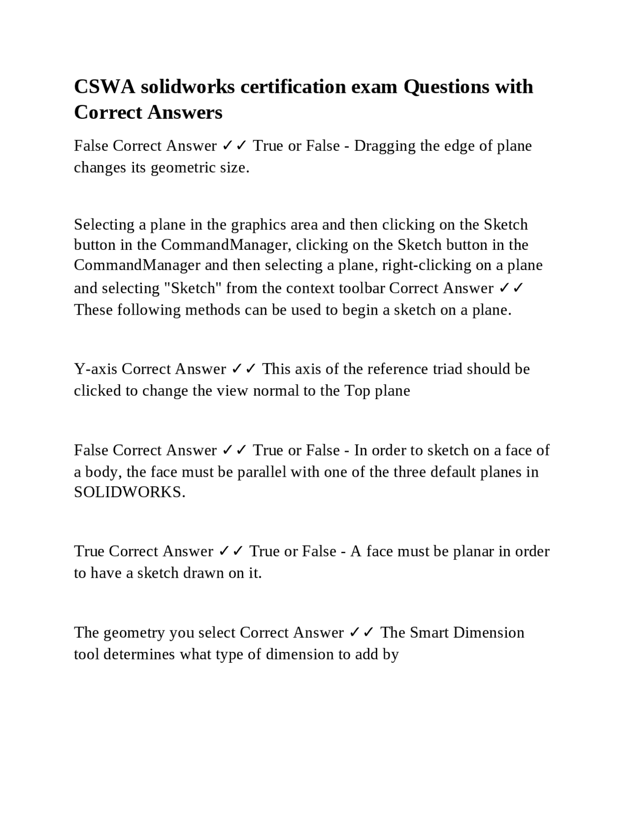 CSWA solidworks certification exam Questions with Correct Answers ...