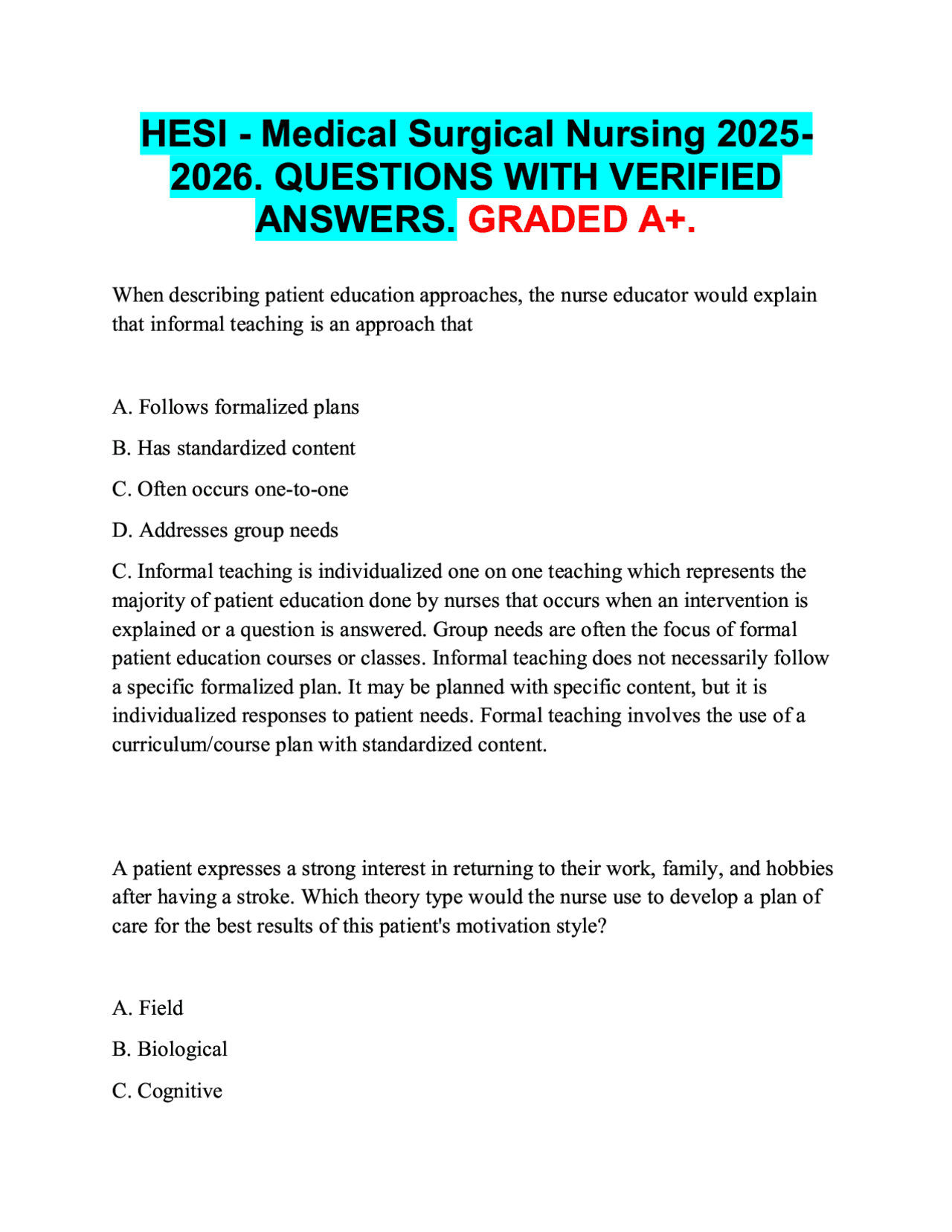HESI - Medical Surgical Nursing 2025 2026. QUESTIONS WITH VERIFIED ANSWERS. GRADED A+. | Exams ...