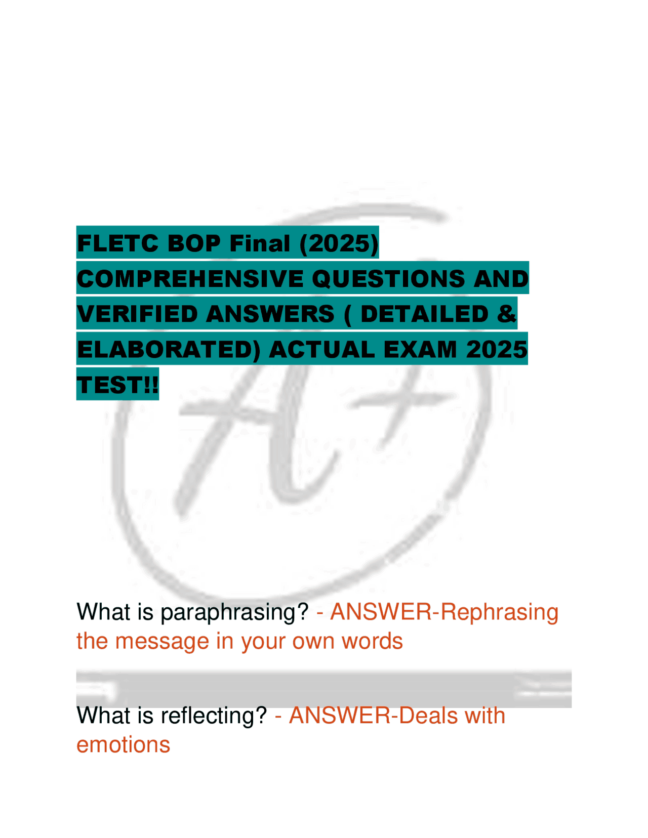 FLETC BOP Final (2025) COMPREHENSIVE QUESTIONS AND VERIFIED ANSWERS ...