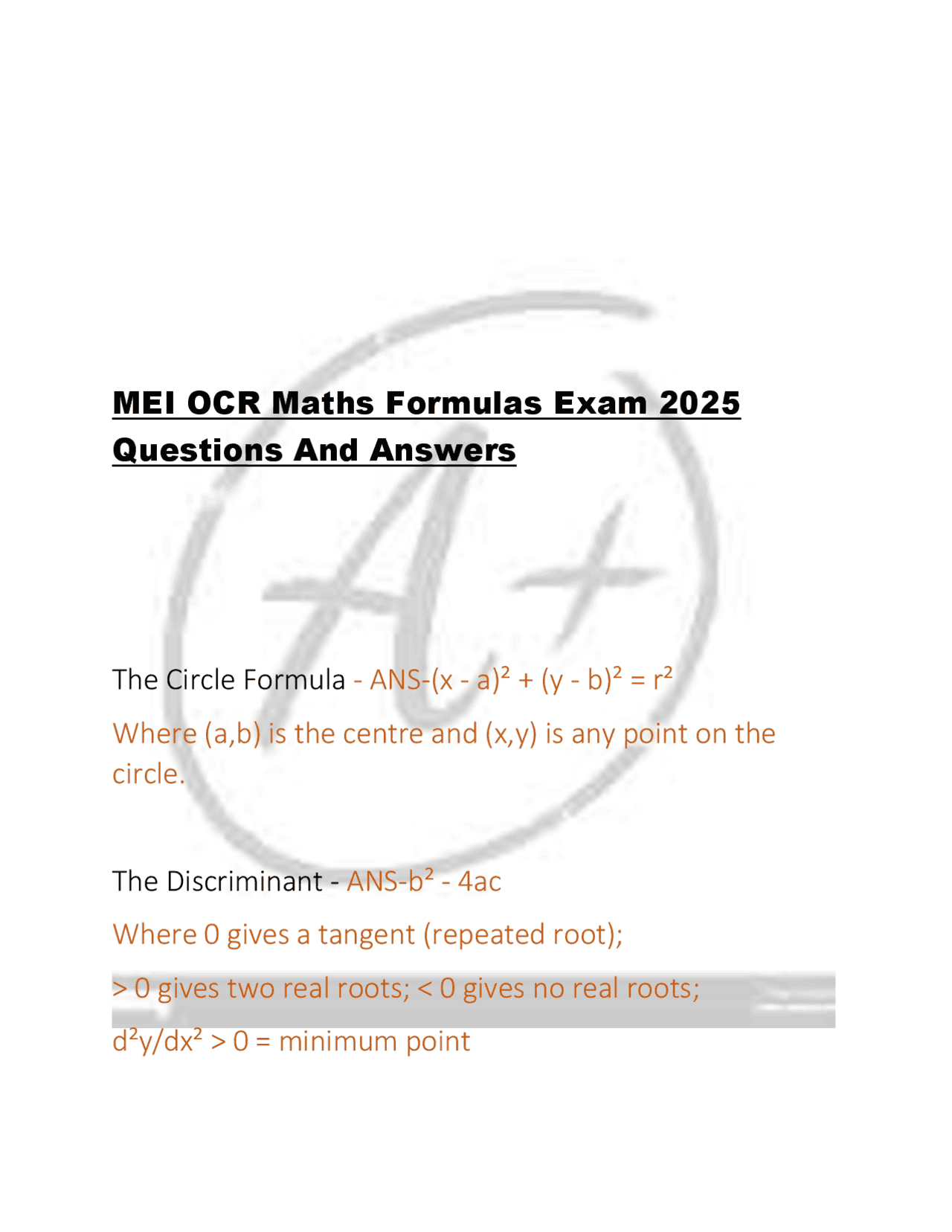 MEI OCR Maths Formulas Exam 2025 Questions And Answers | Exams Mathematics | Docsity