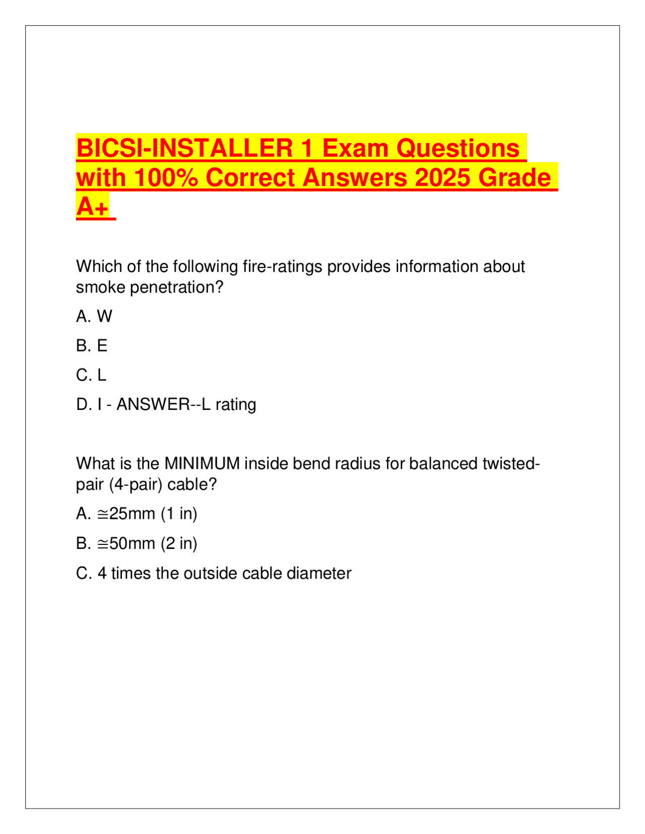 BICSI-INSTALLER 1 Exam Questions with 100% Correct Answers 2025 Grade ...