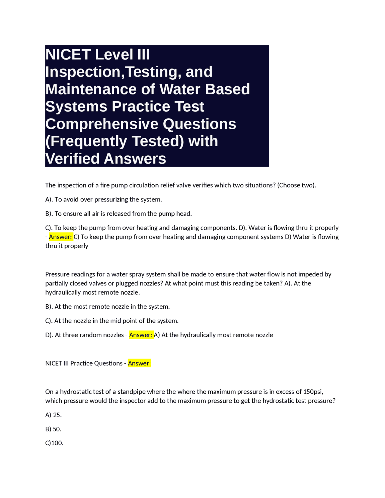 NICET Level III Inspection,Testing, and Maintenance of Water Based ...