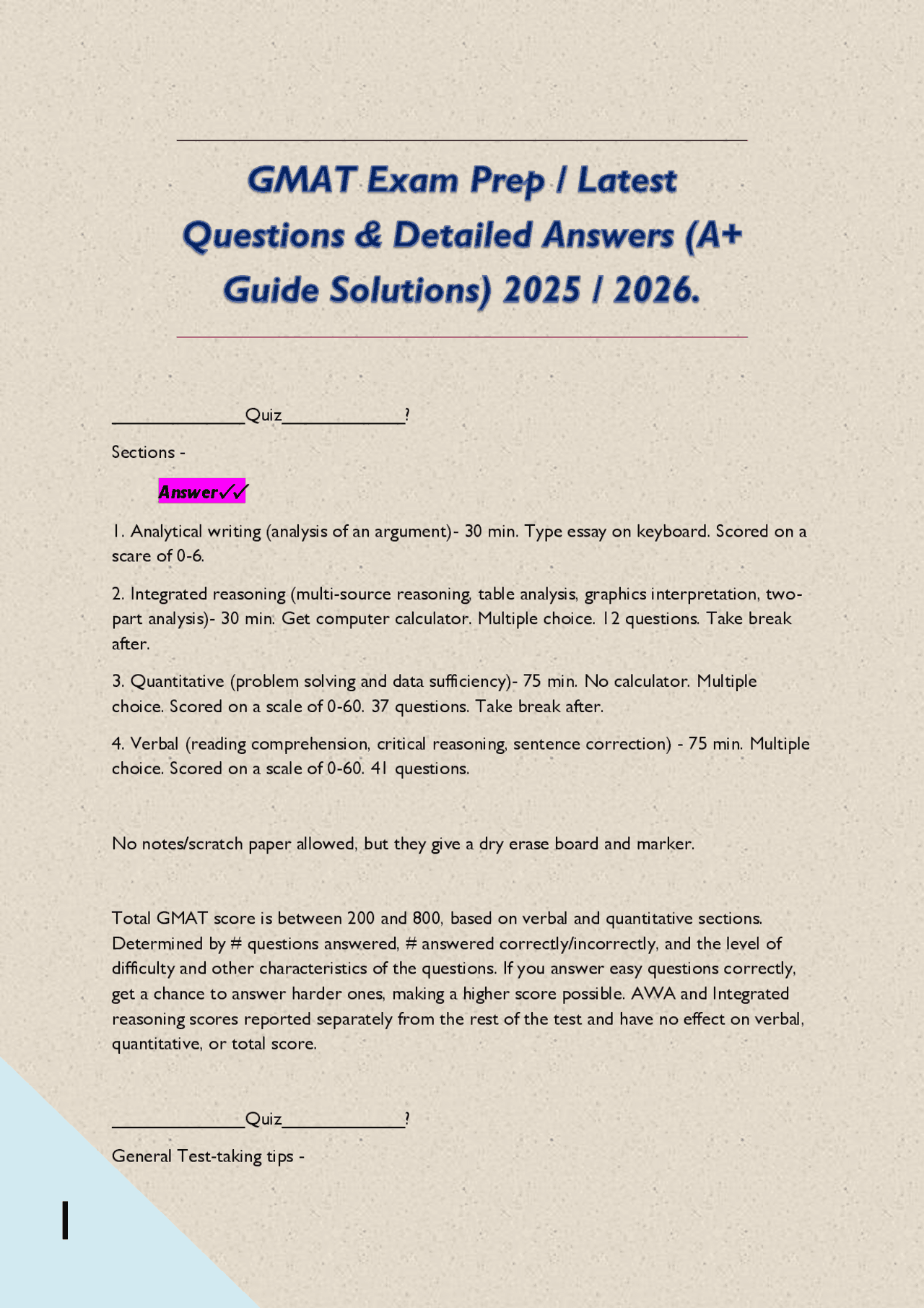 GMAT Exam Prep / Latest Questions & Detailed Answers (A+ Guide ...