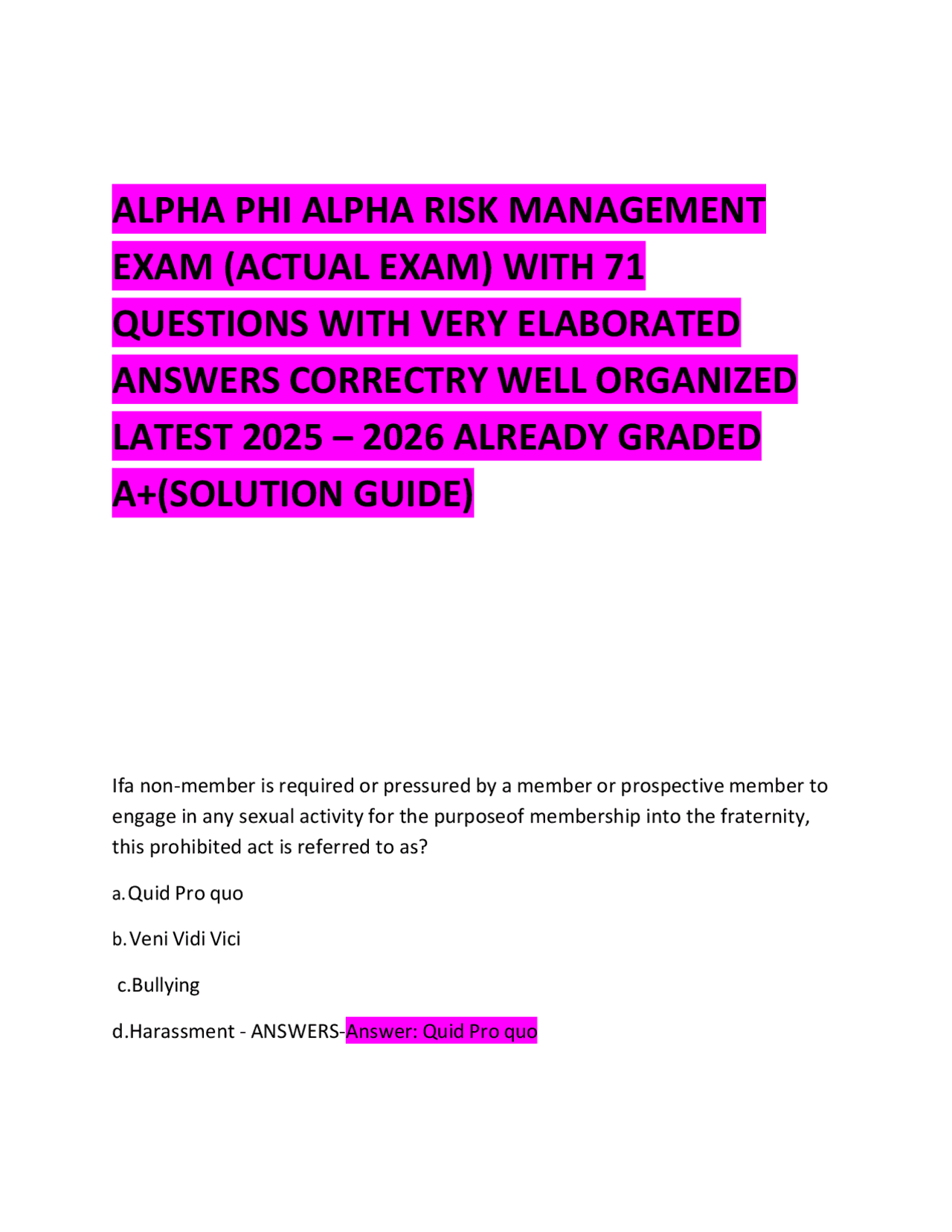 ALPHA PHI ALPHA RISK MANAGEMENT EXAM (ACTUAL EXAM) WITH 71 QUESTIONS ...