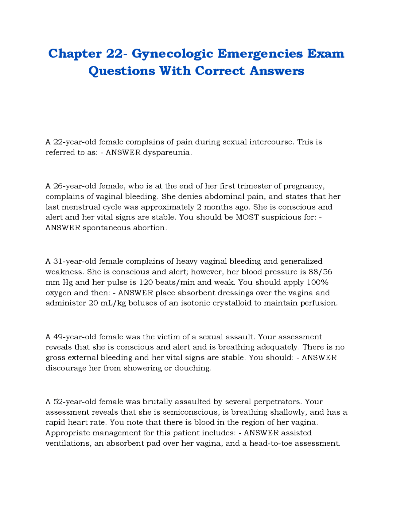 Chapter 22- Gynecologic Emergencies Exam Questions With Correct Answers ...