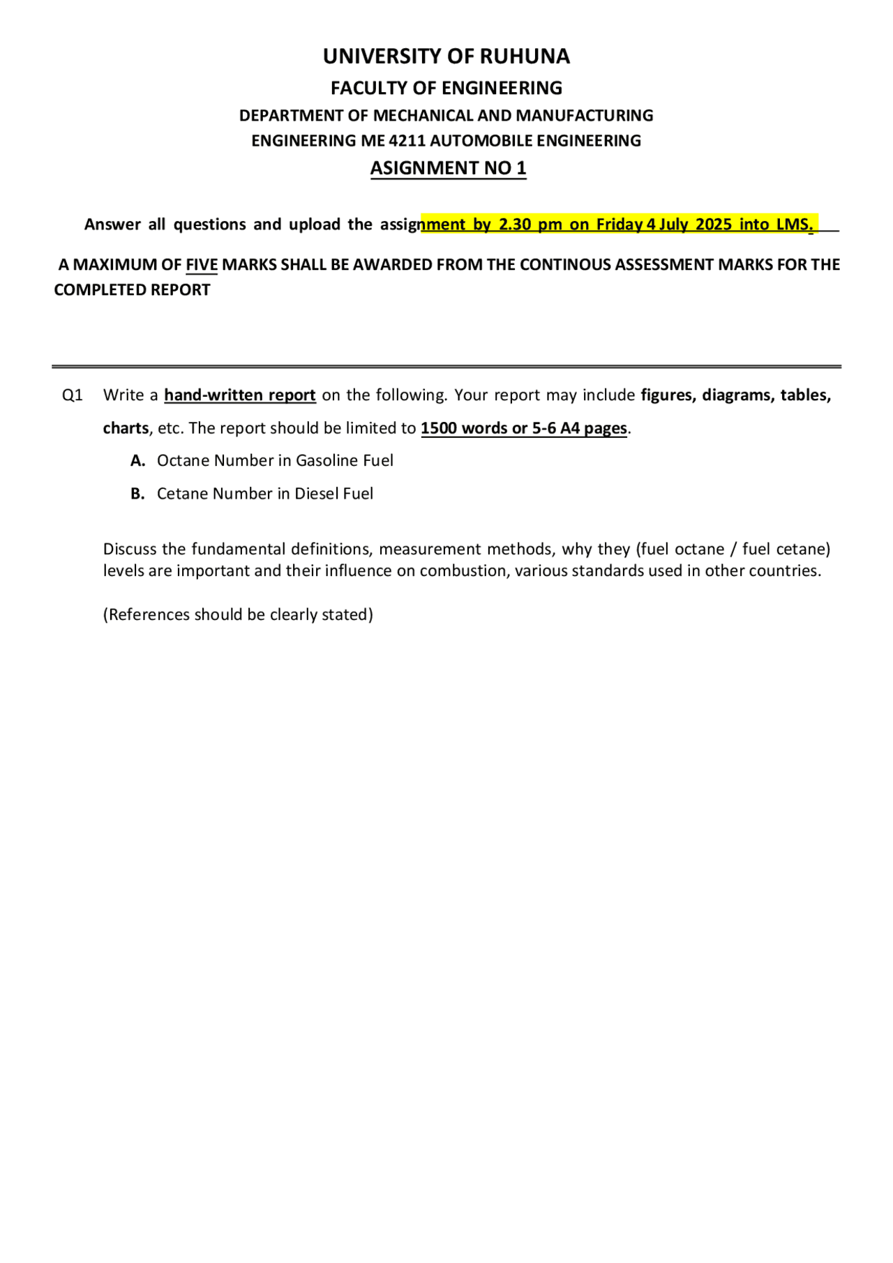 A detailed report of cetane no and octane nuber | Exercises Automobile ...