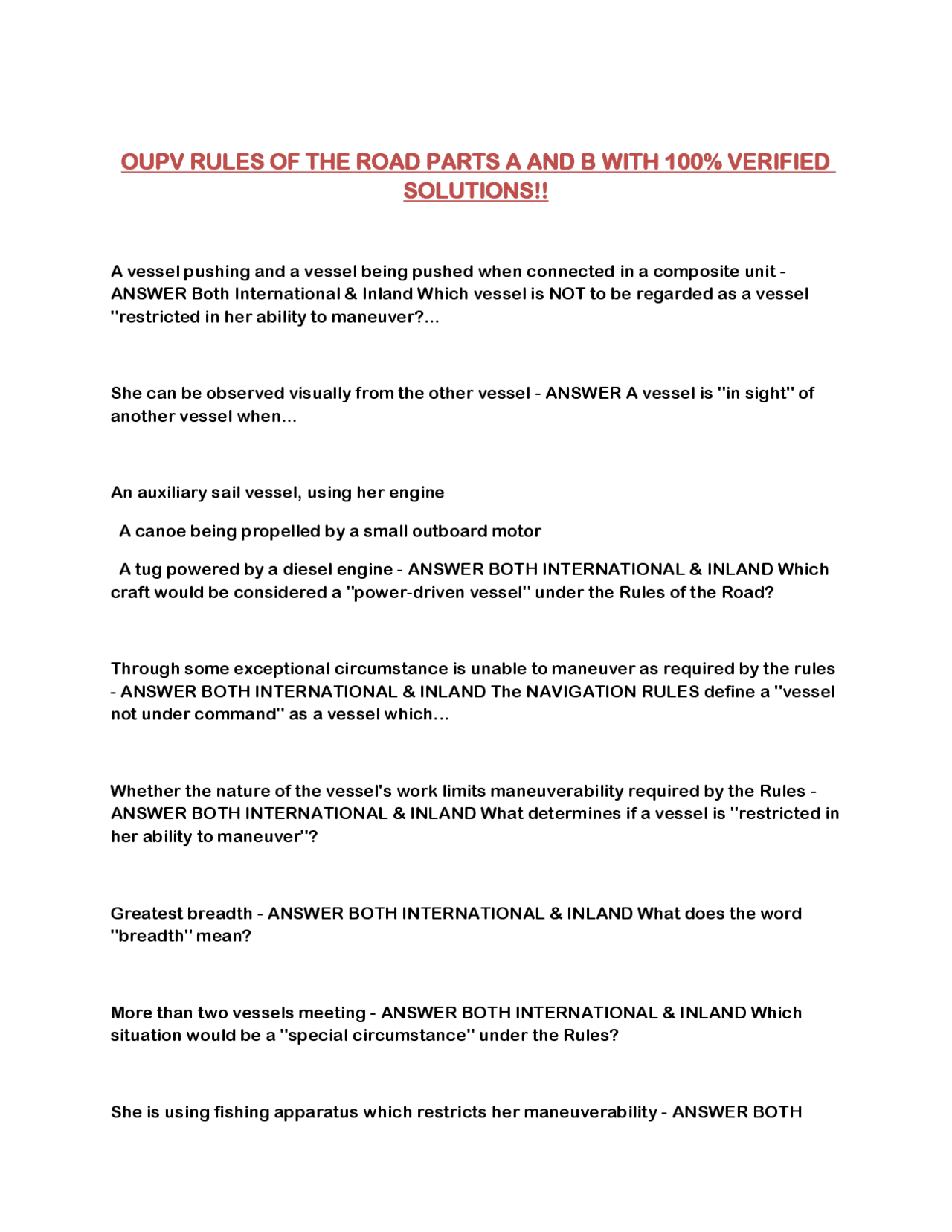 OUPV RULES OF THE ROAD PARTS A AND B WITH 100% VERIFIED SOLUTIONS ...