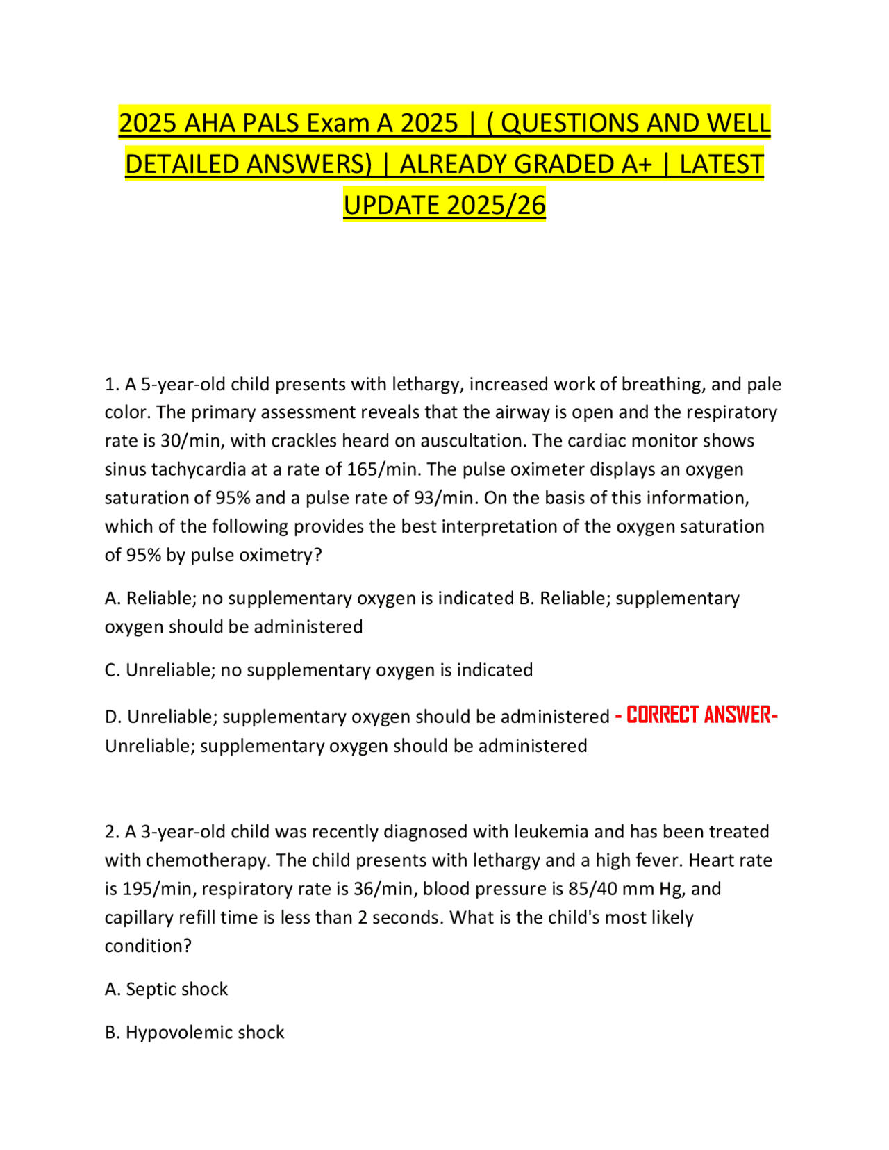 2025 AHA PALS Exam A 2025 | ( QUESTIONS AND WELL DETAILED ANSWERS ...