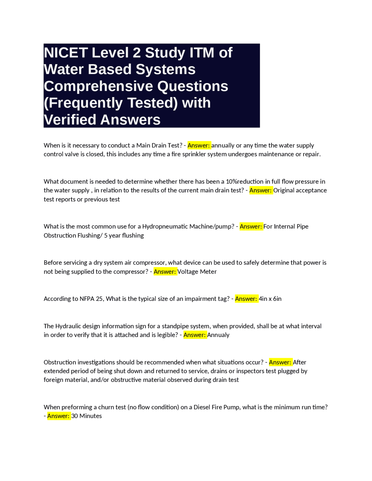NICET Level 2 Study ITM of Water Based Systems Comprehensive Questions ...