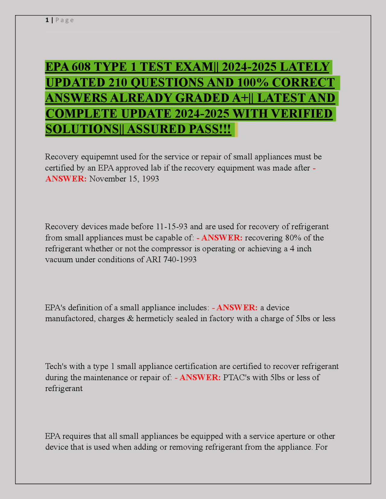 EPA 608 TYPE 1 TEST EXAM|| 2024-2025 LATELY UPDATED 210 QUESTIONS AND ...