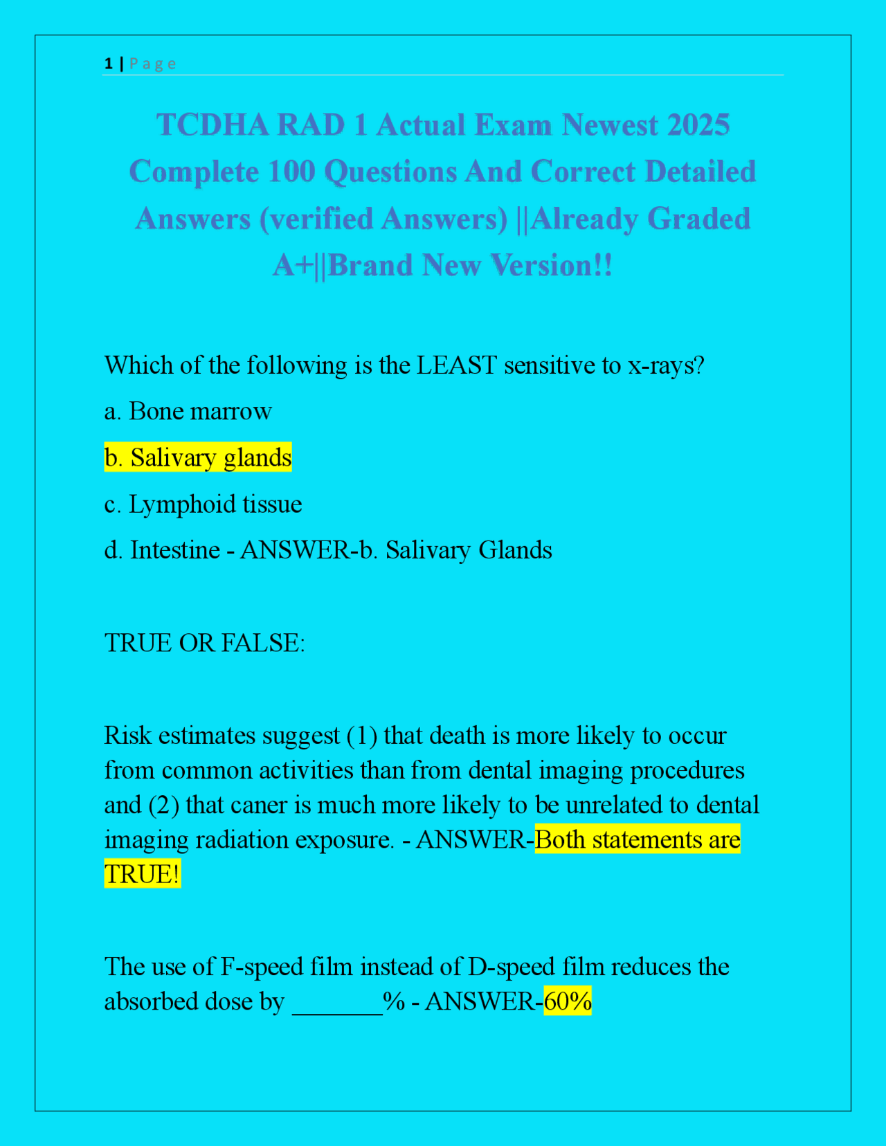 TCDHA RAD 1 Actual Exam Newest 2025 Complete 100 Questions And Correct ...