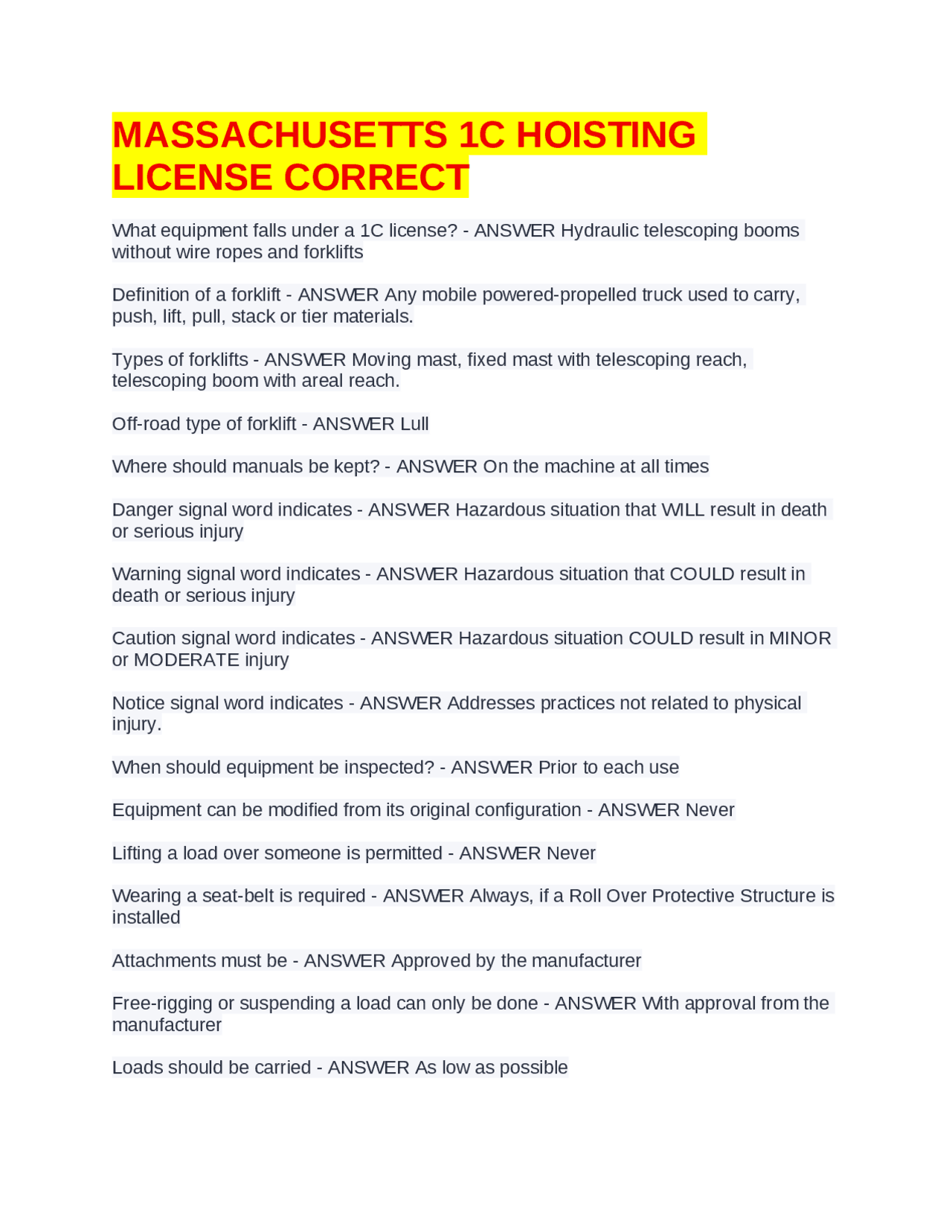 MASSACHUSETTS 1C HOISTING LICENSE CORRECT | Exams Property Law | Docsity