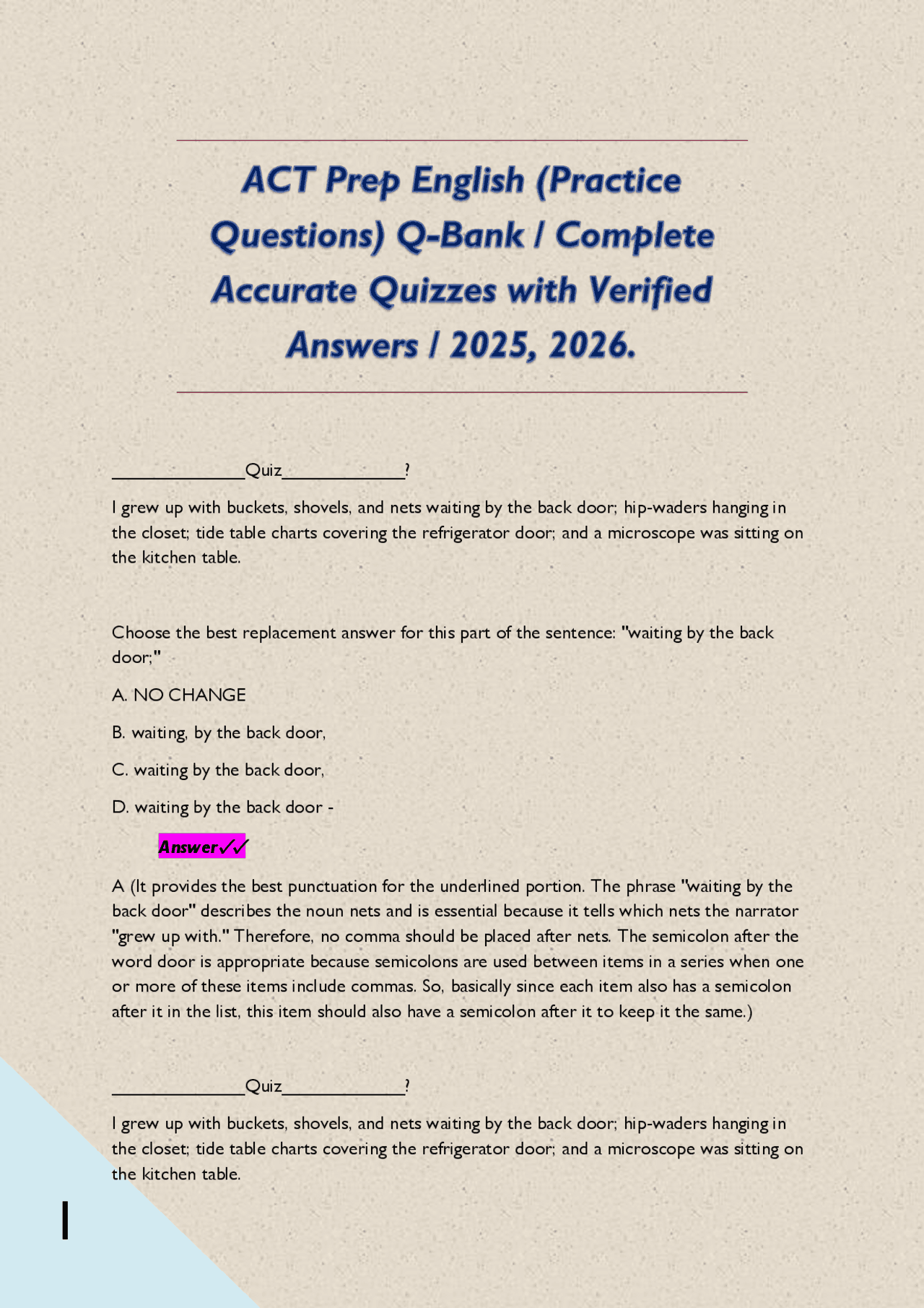 ACT Prep English (Practice Questions) Q-Bank / Complete Accurate ...