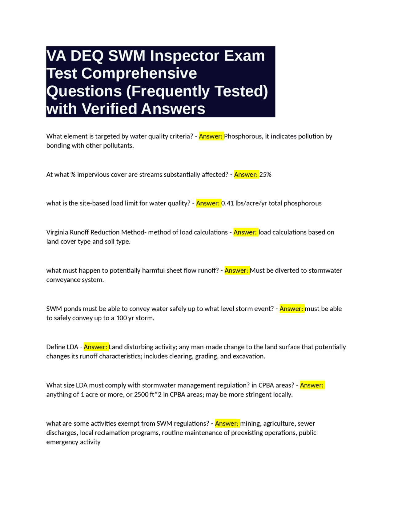 VA DEQ SWM Inspector Exam Test Comprehensive Questions (Frequently ...