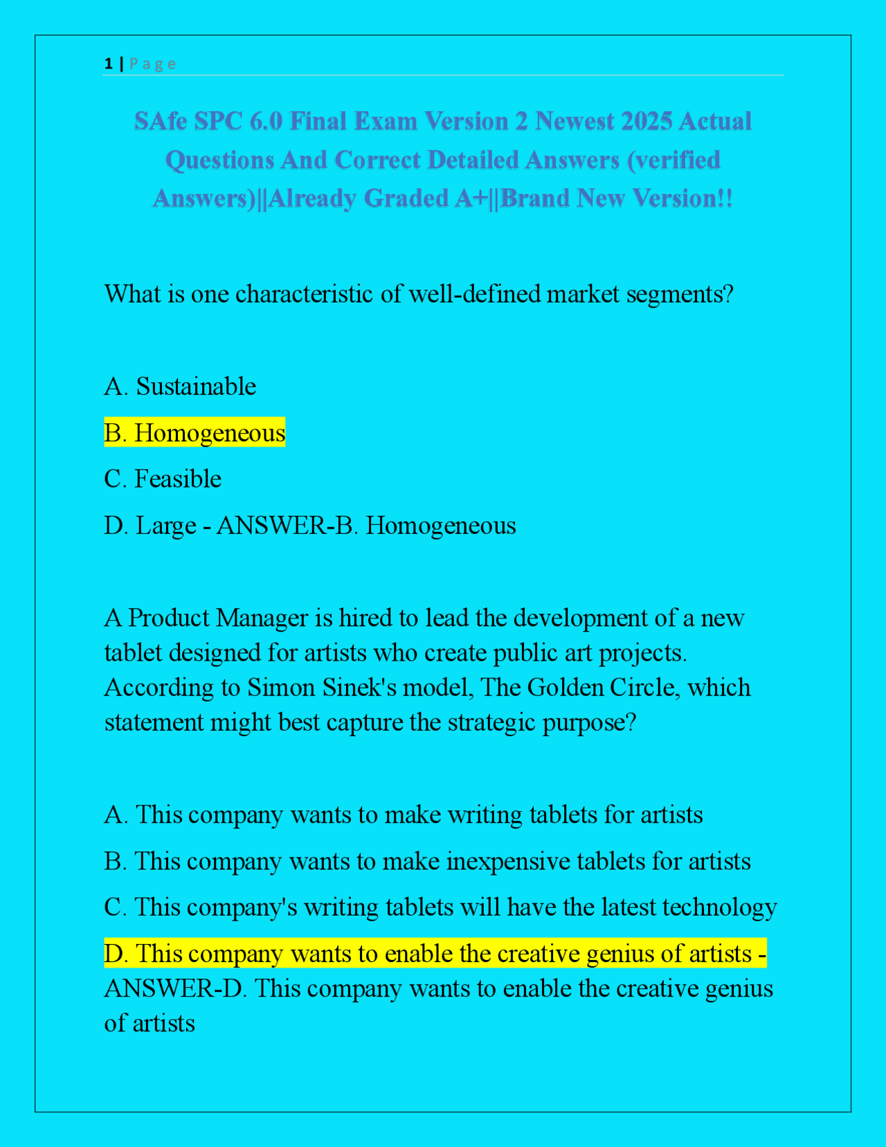 SAFe SPC 6.0 Exam Prep: Questions and Answers | Exams Nursing | Docsity
