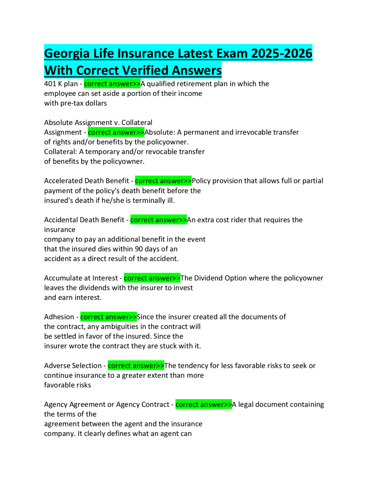 Georgia Life Insurance Exam Prep 2025-2026: Key Terms & Definitions ...