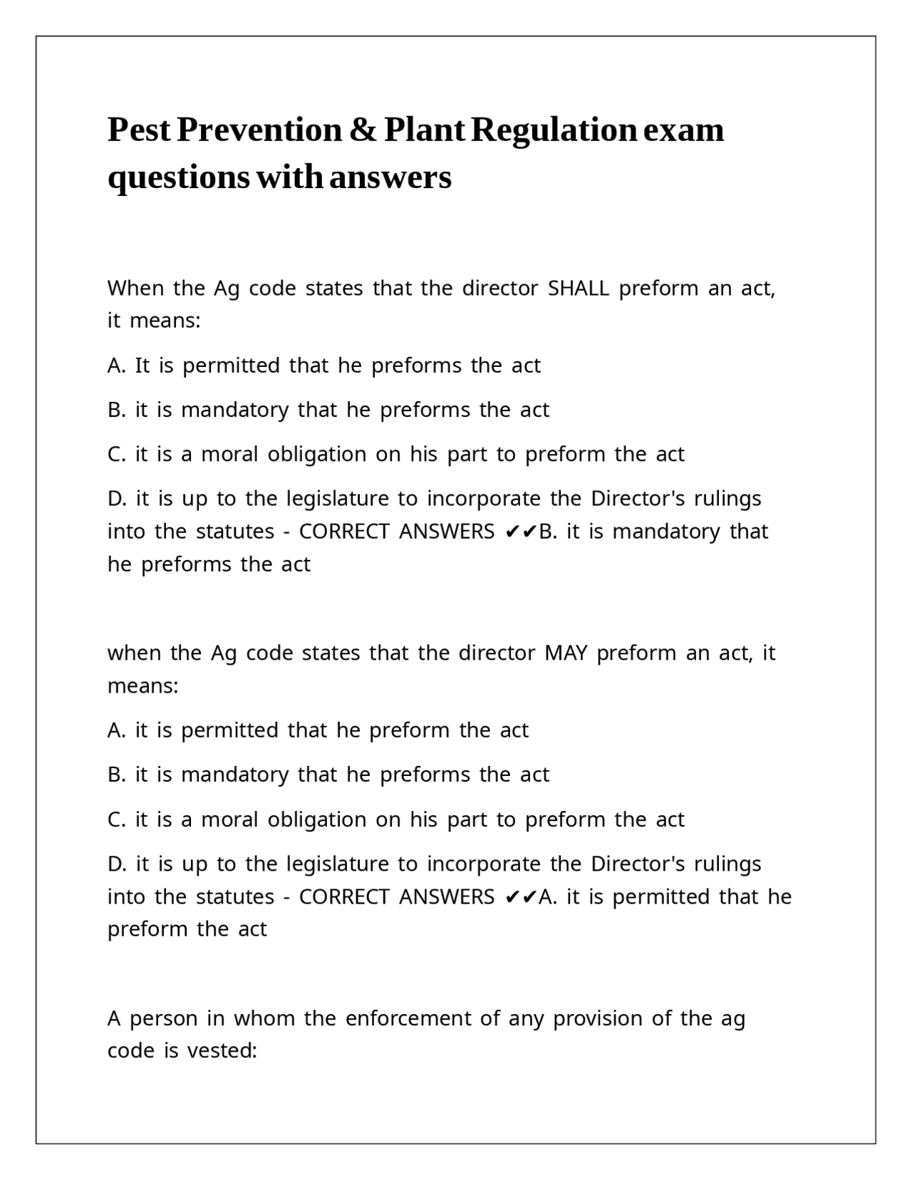 Pest Prevention & Plant Regulation exam questions with answers | Exams ...