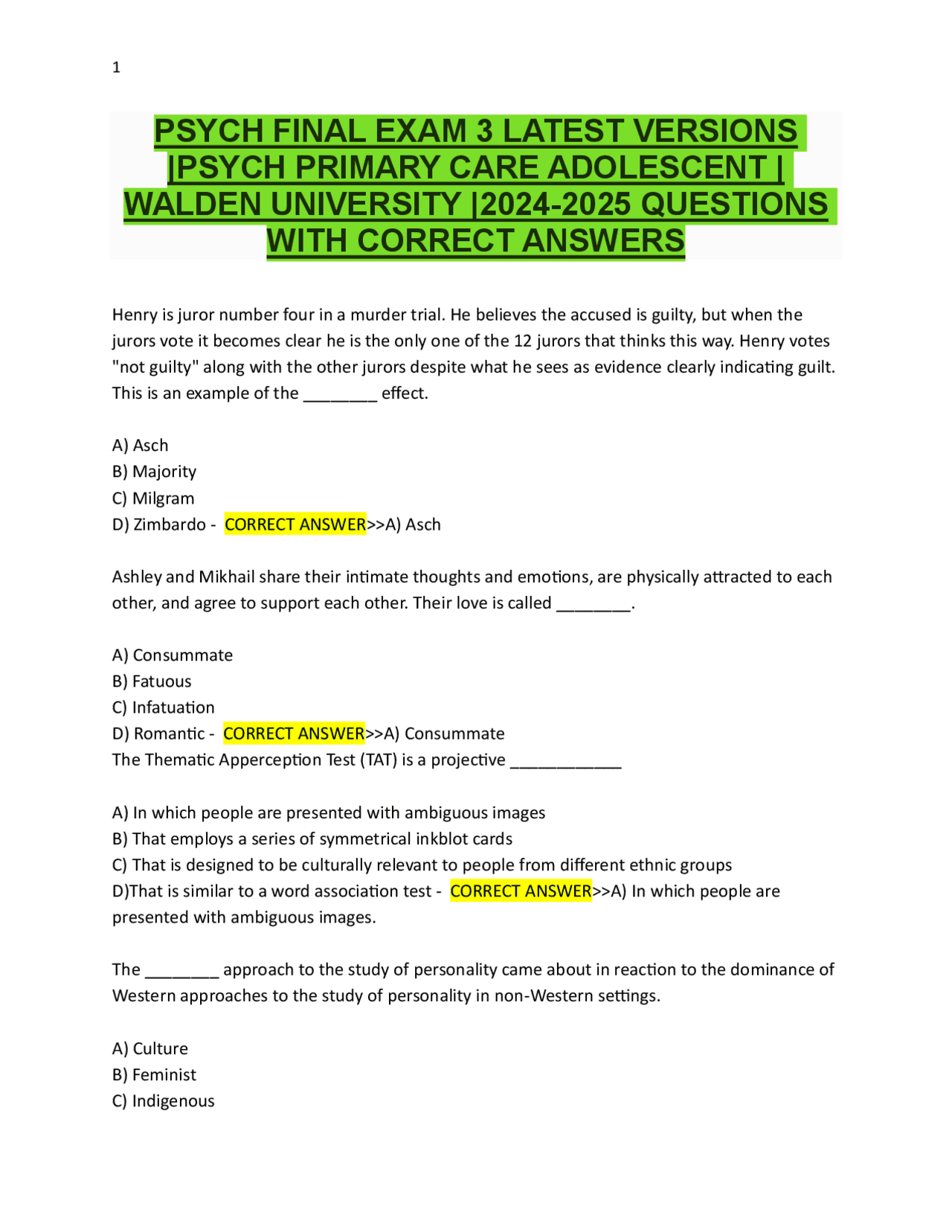 PSYCH FINAL EXAM 3 LATEST VERSIONS |PSYCH PRIMARY CARE ADOLESCENT ...