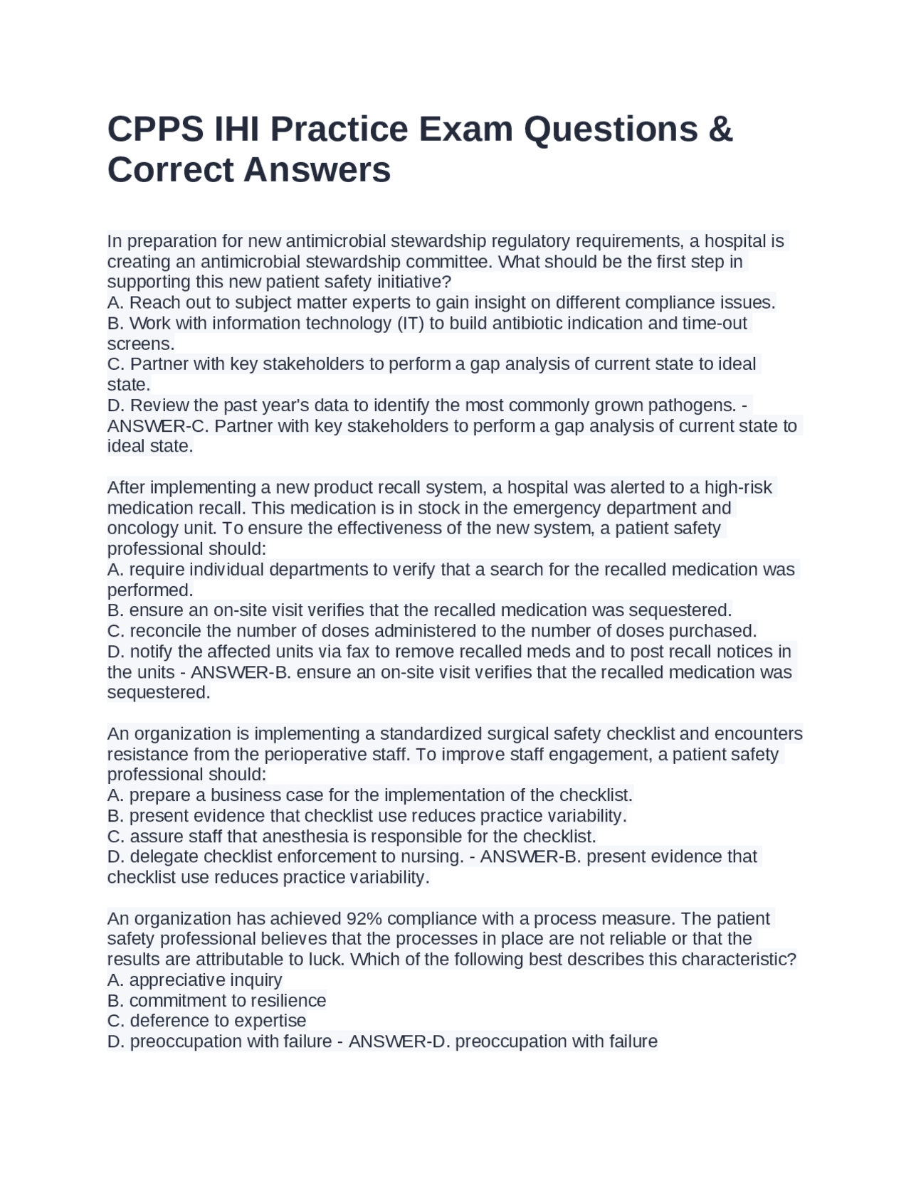 CPPS IHI Practice Exam Questions & Correct Answers | Exams Nursing | Docsity