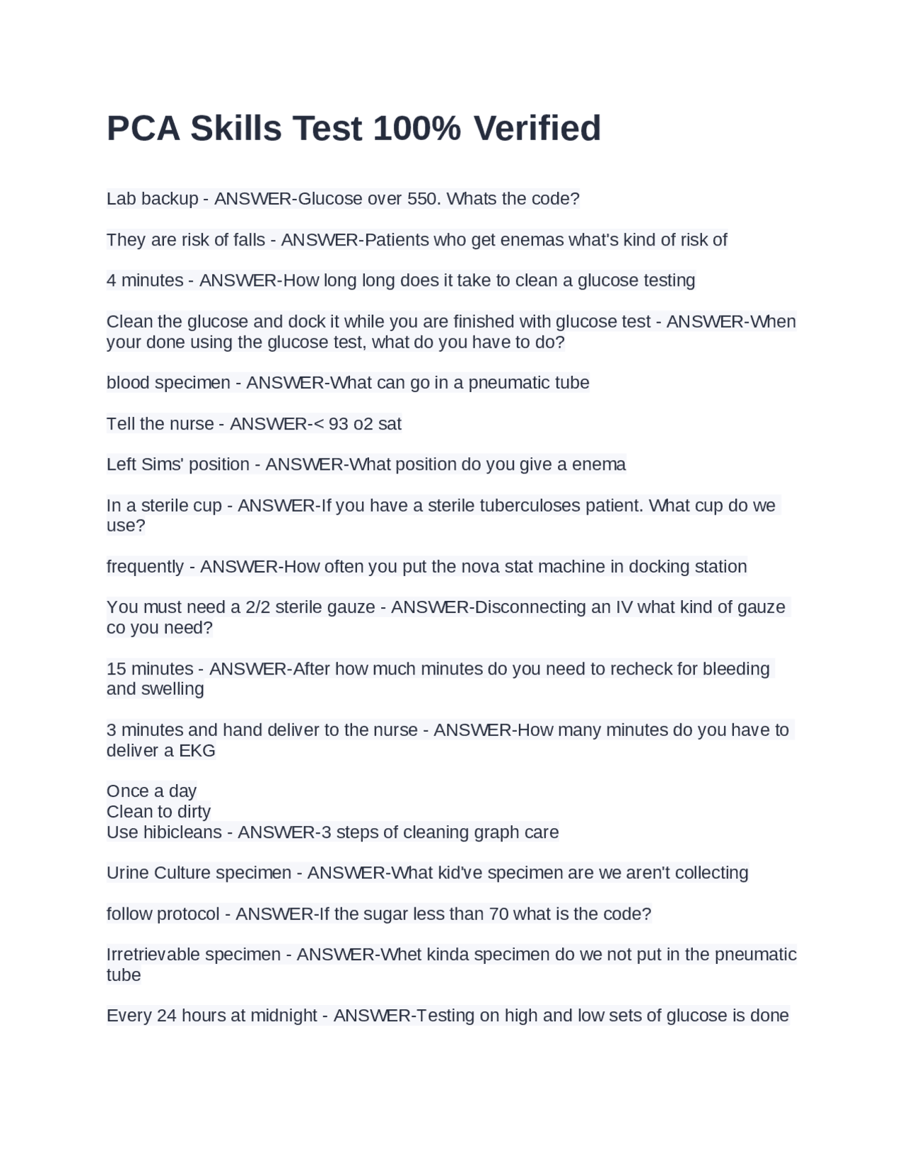 PCA Skills Test 100% Verified | Exams Nursing | Docsity