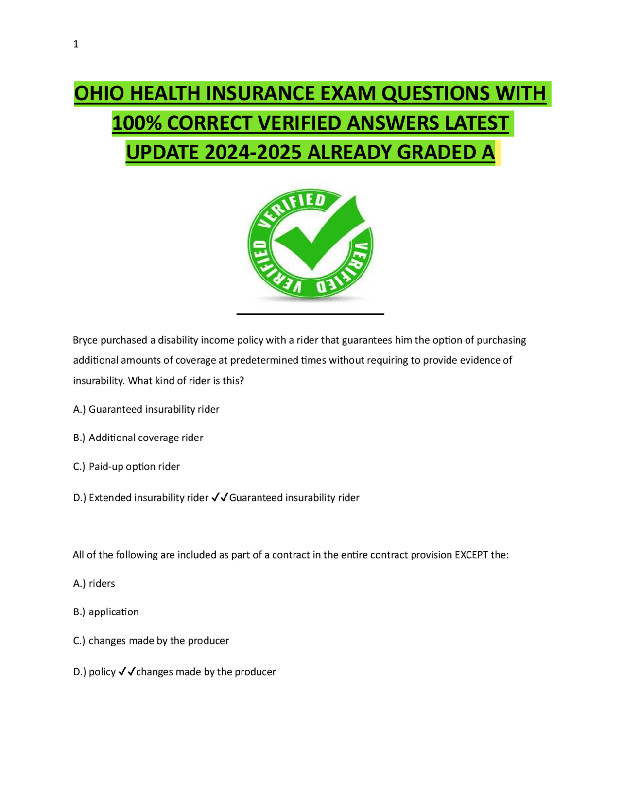 OHIO HEALTH INSURANCE EXAM QUESTIONS WITH 100% CORRECT VERIFIED ANSWERS ...